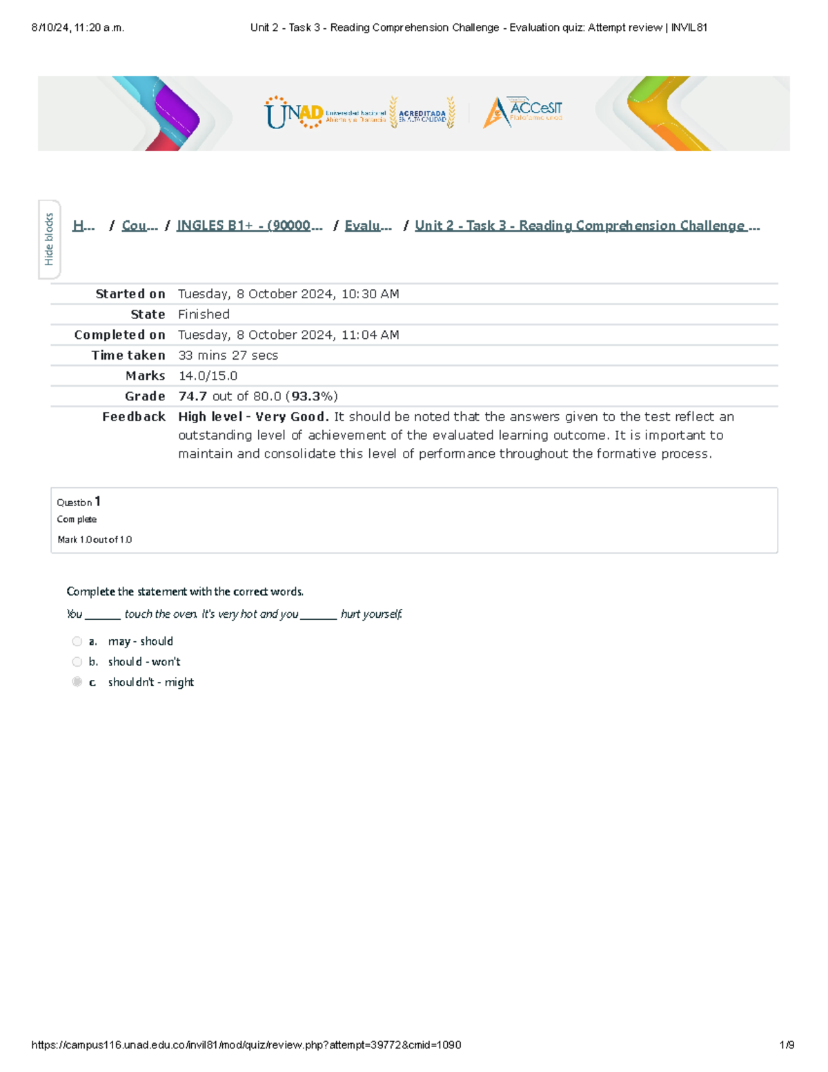 Unit 2 - Task 3 - Reading Comprehension Challenge - Evaluation quiz ...