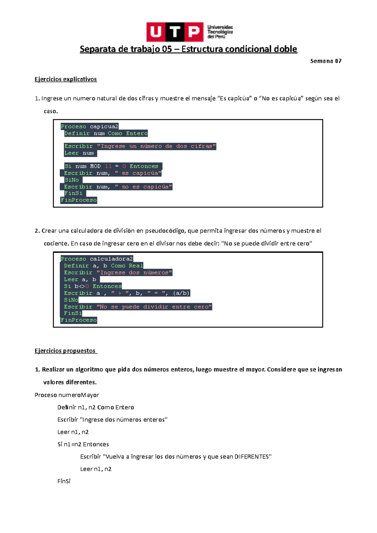 Separata 05 Unidad 02 (2) (1) - Separata de trabajo 05 – Estructura condicional doble Semana 07 ...