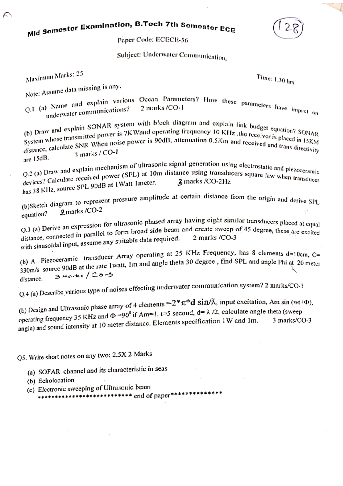 Underwater pyq - Hdbeisbd - Mid Semester Examination, B 7th Semestor ECE 128 Paper Code: Subject ...