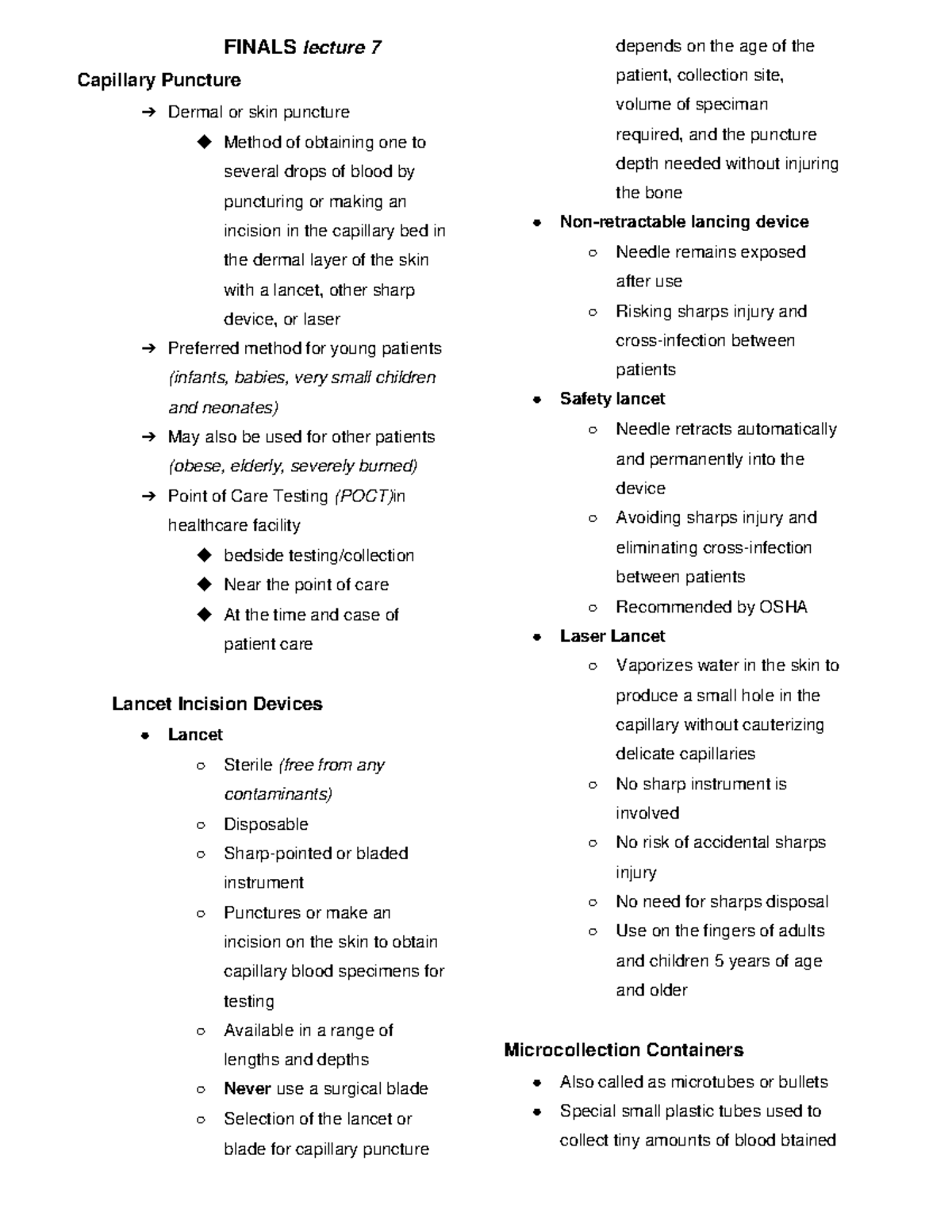 PMLS 2 finals lecture 7 - FINALS lecture 7 Capillary Puncture Dermal or skin puncture Method of ...