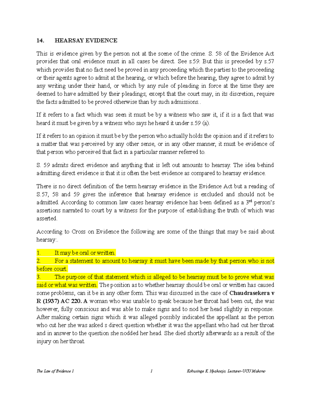 14. Hearsay Evidence - Lecture notes 1-10 - 14. HEARSAY EVIDENCE This ...