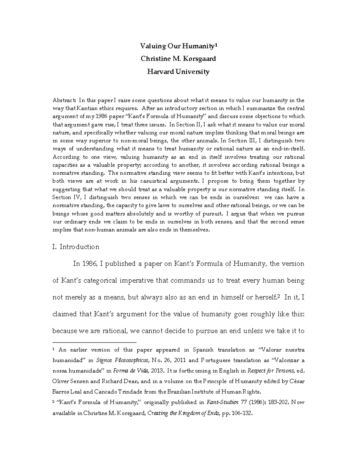 CMK.Valuing - Essay by Korsgaard. - Valuing Our Humanity 1 Christine M ...