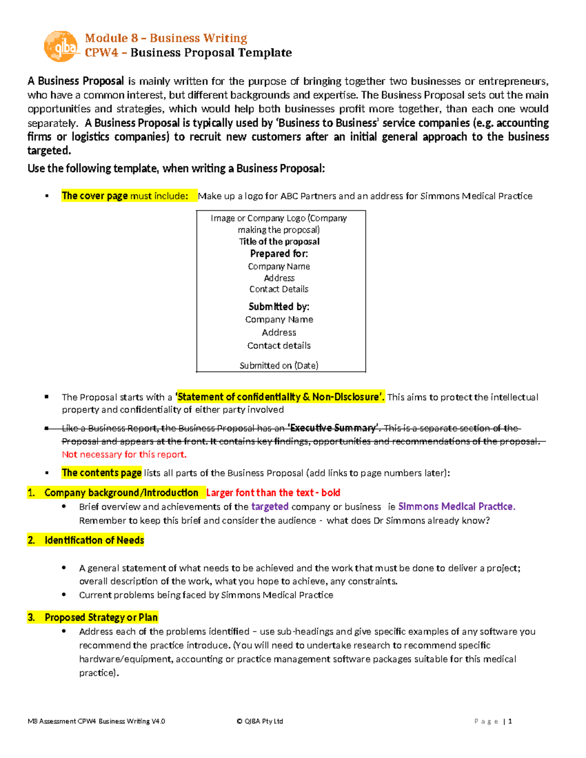M8 Business Proposal Template V4 - Module 8 – Business Writing CPW4 ...