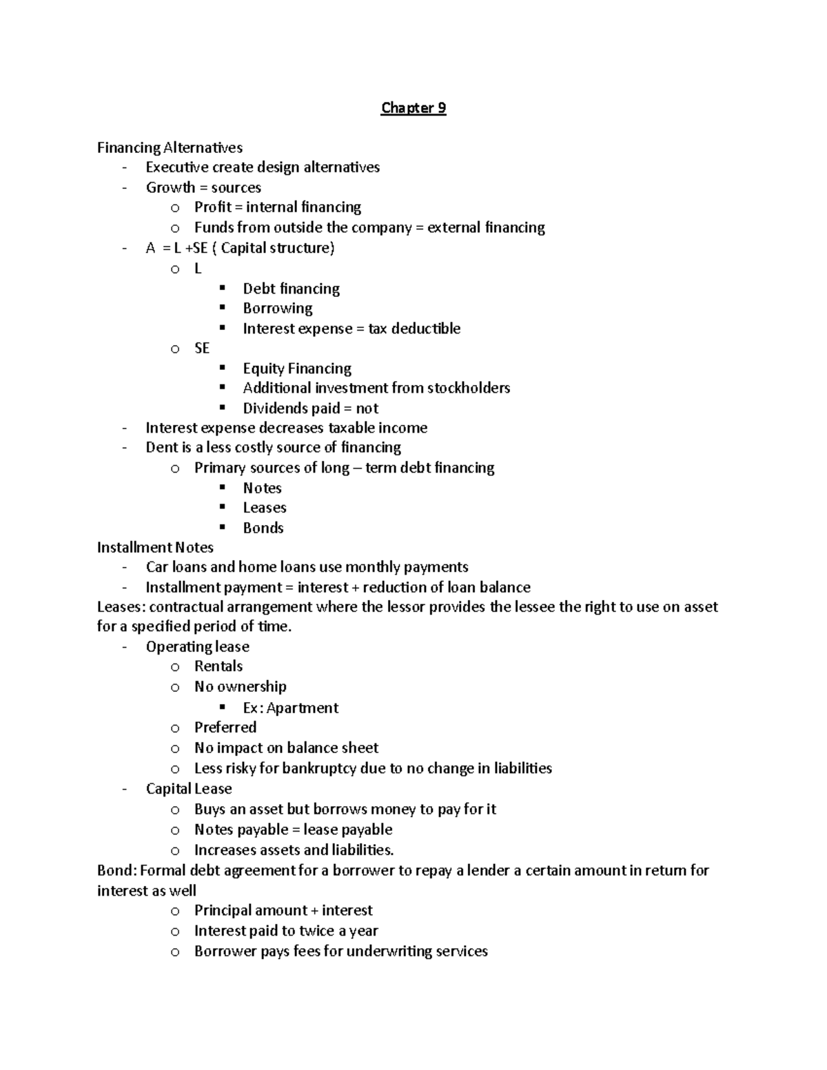 Chapter 9 - Financial Accounting - Chapter 9 Financing Alternatives ...