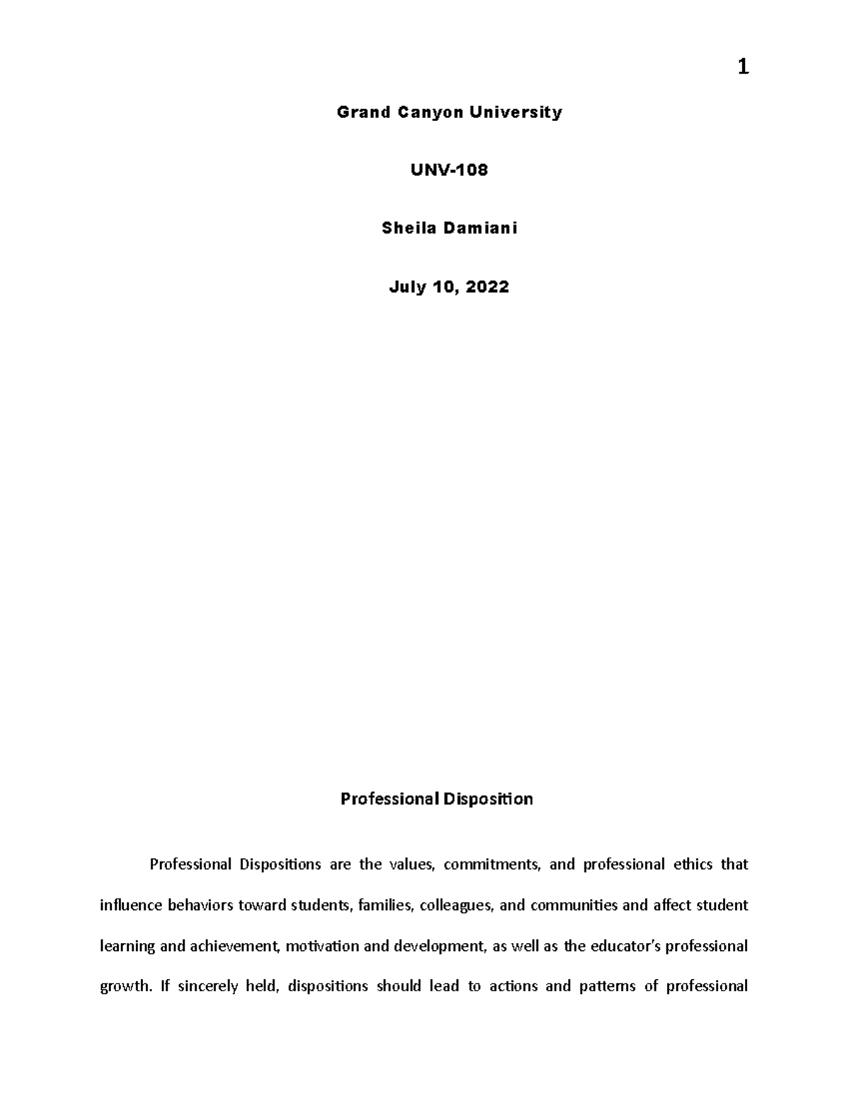 Professional Dispositions Essay - Grand Canyon University UNV- Sheila ...
