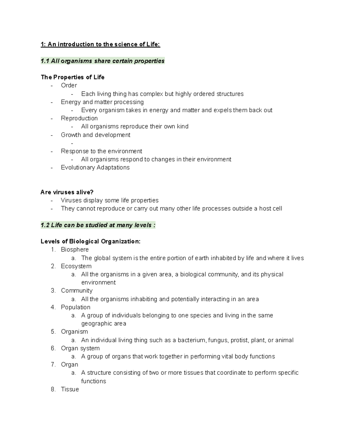 BIO 100 Textbook Notes - 1: An introduction to the science of Life: 1 ...