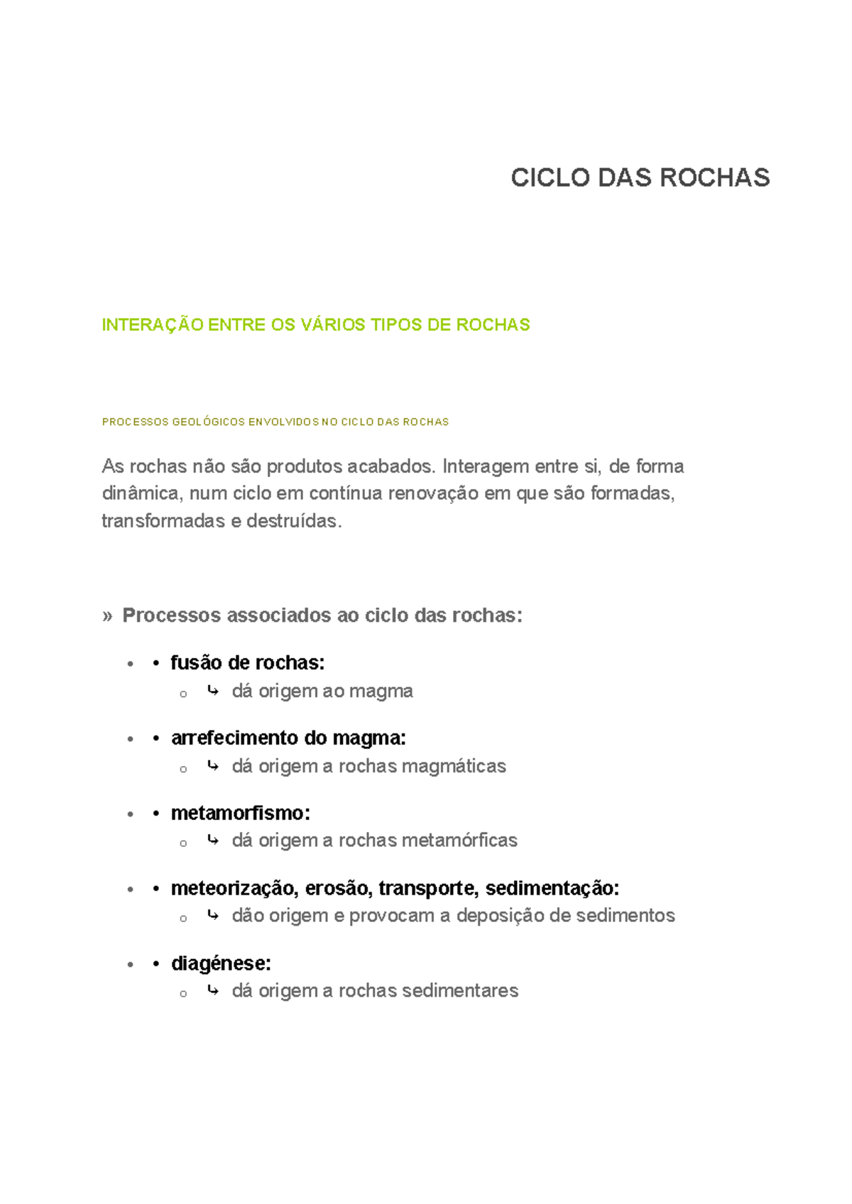 Ciclo DAS Rochas - RESUMOS - CICLO DAS ROCHAS INTERAÇÃO ENTRE OS VÁRIOS ...