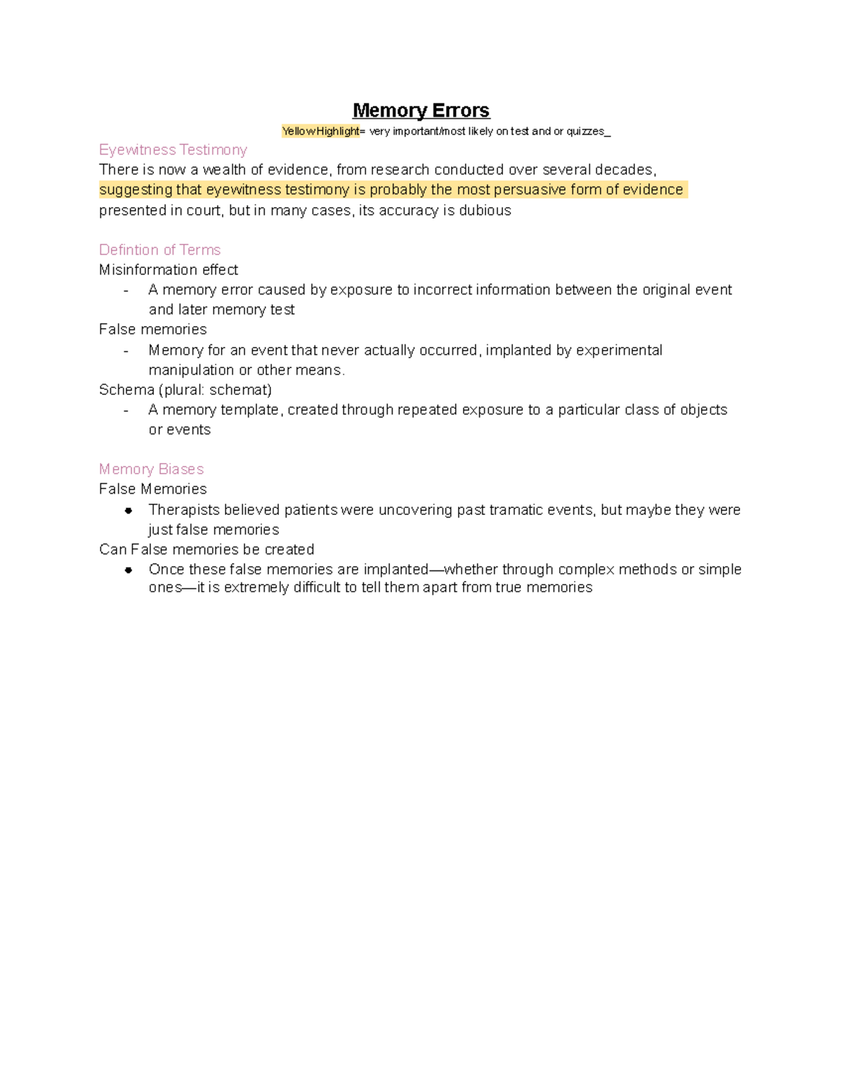 Memory Errors - Memory Errors Yellow Highlight= very important/most ...