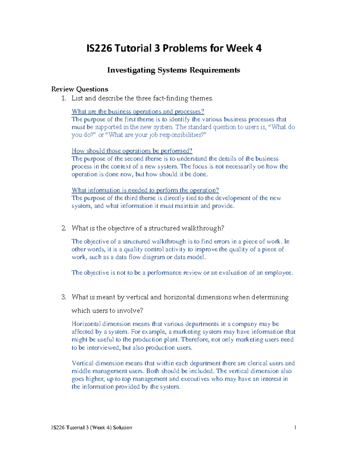 IS226 Week4 Tut3 Solutions - IS226 Tutorial 3 Problems for Week 4 Investigating Systems ...