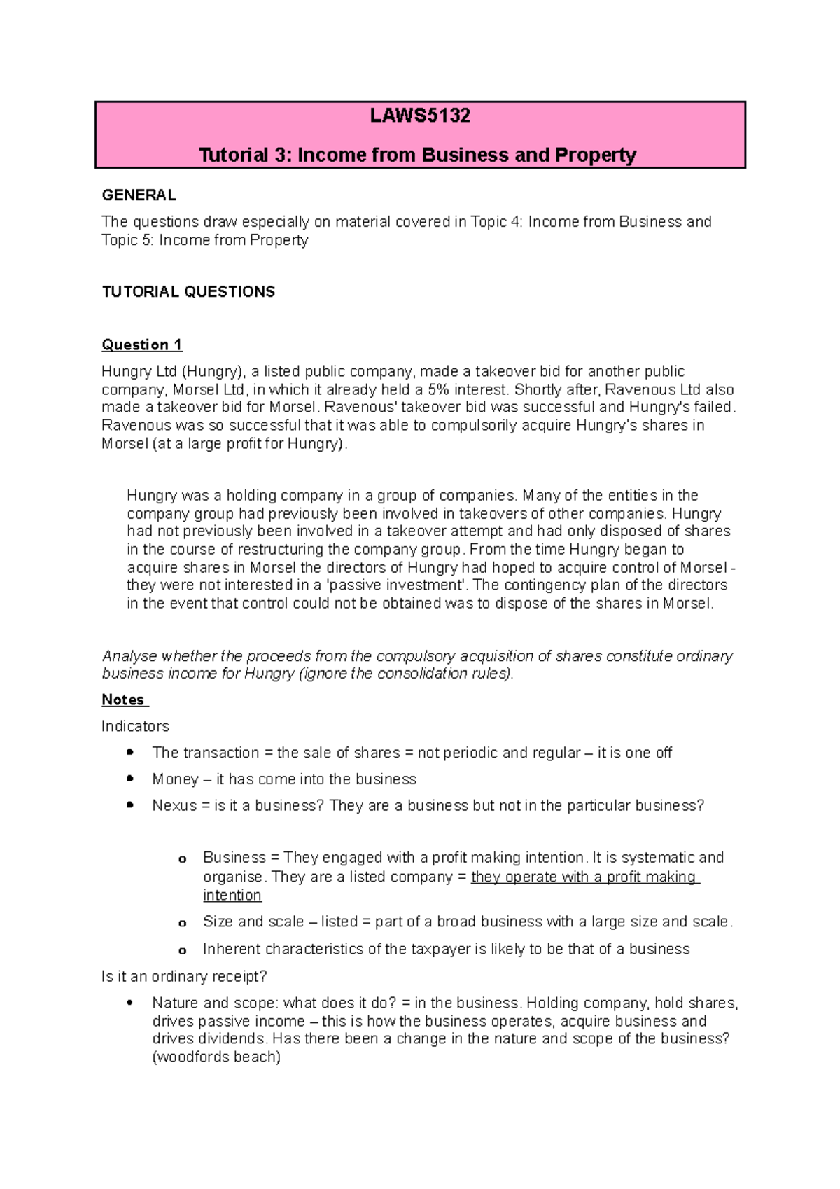 Tutorial 3 2023 Question - LAWS Tutorial 3: Income from Business and ...