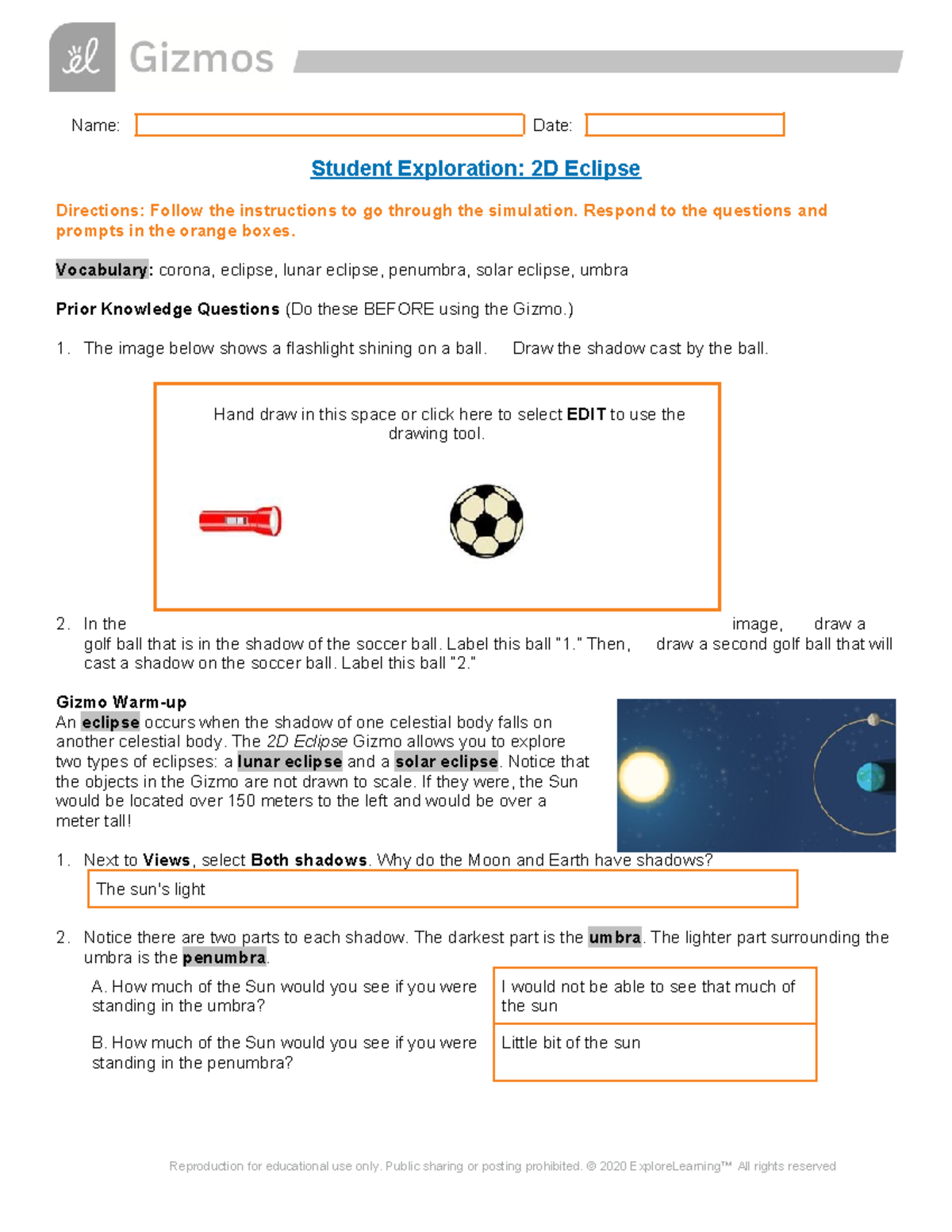 Eclipse Gizmo Doc - Name: Date: Student Exploration: 2D Eclipse Directions: Follow the ...