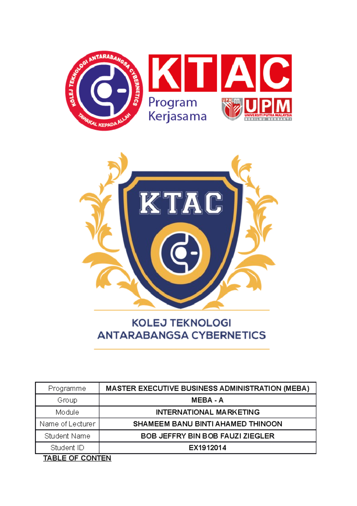 KTAC Assignment #2 - Programme MASTER EXECUTIVE BUSINESS ADMINISTRATION ...