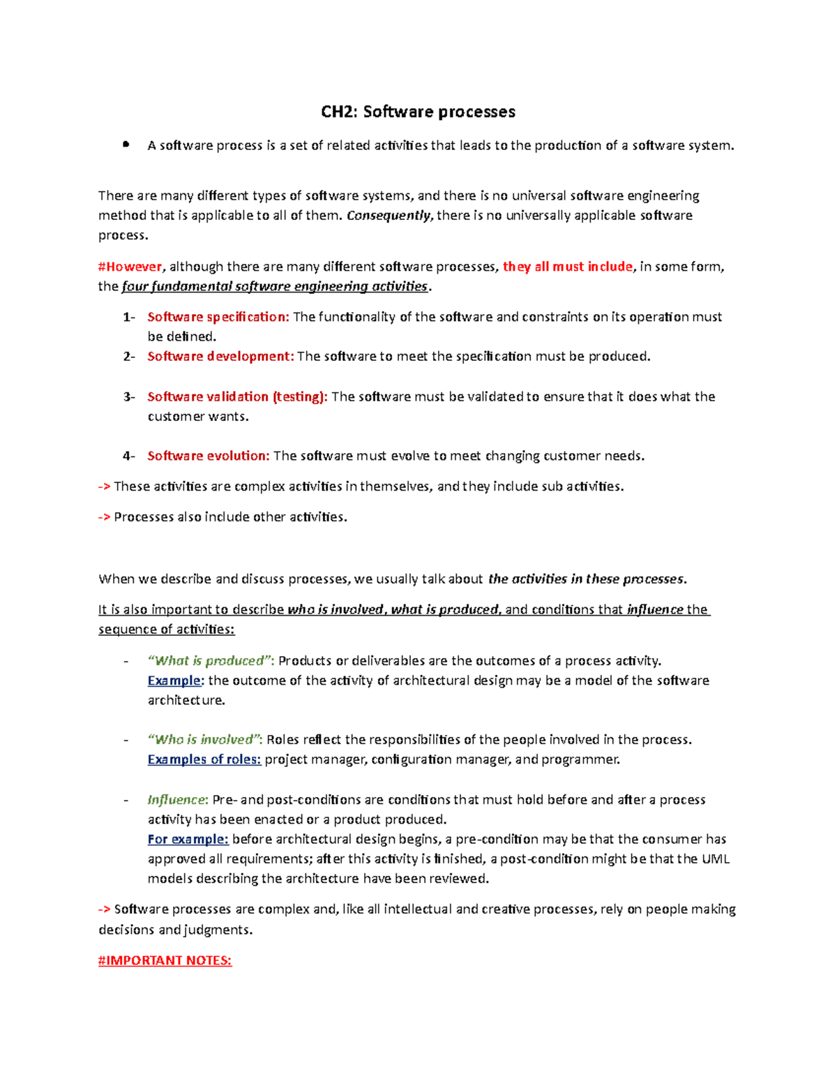 CH2 - software engineering summray - CH2: Software processes A software ...