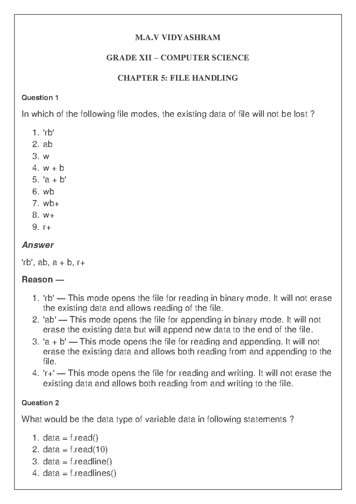Chapter 5. File Handling MCQs for the students who scored less than average marks and good ...