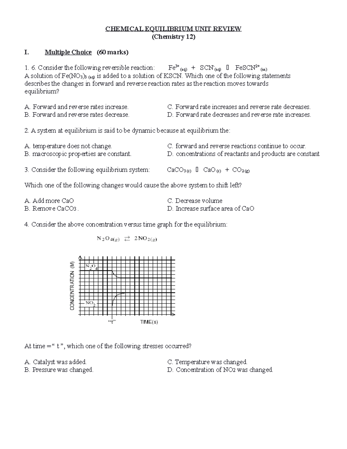 Equilibrium unit review - CHEMICAL EQUILIBRIUM UNIT REVIEW (Chemistry ...