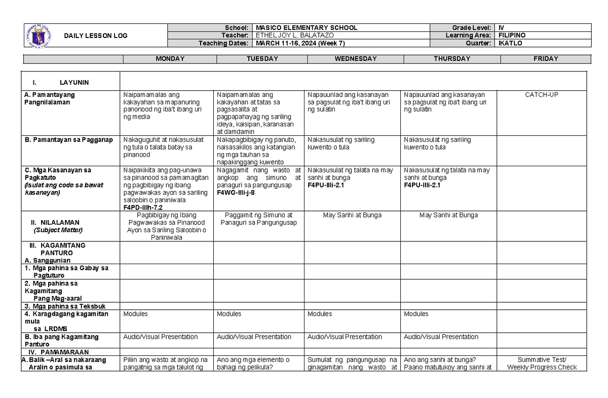 Filipino 4-Q3W8 - DAILY LESSON LOG School: MASICO ELEMENTARY SCHOOL ...