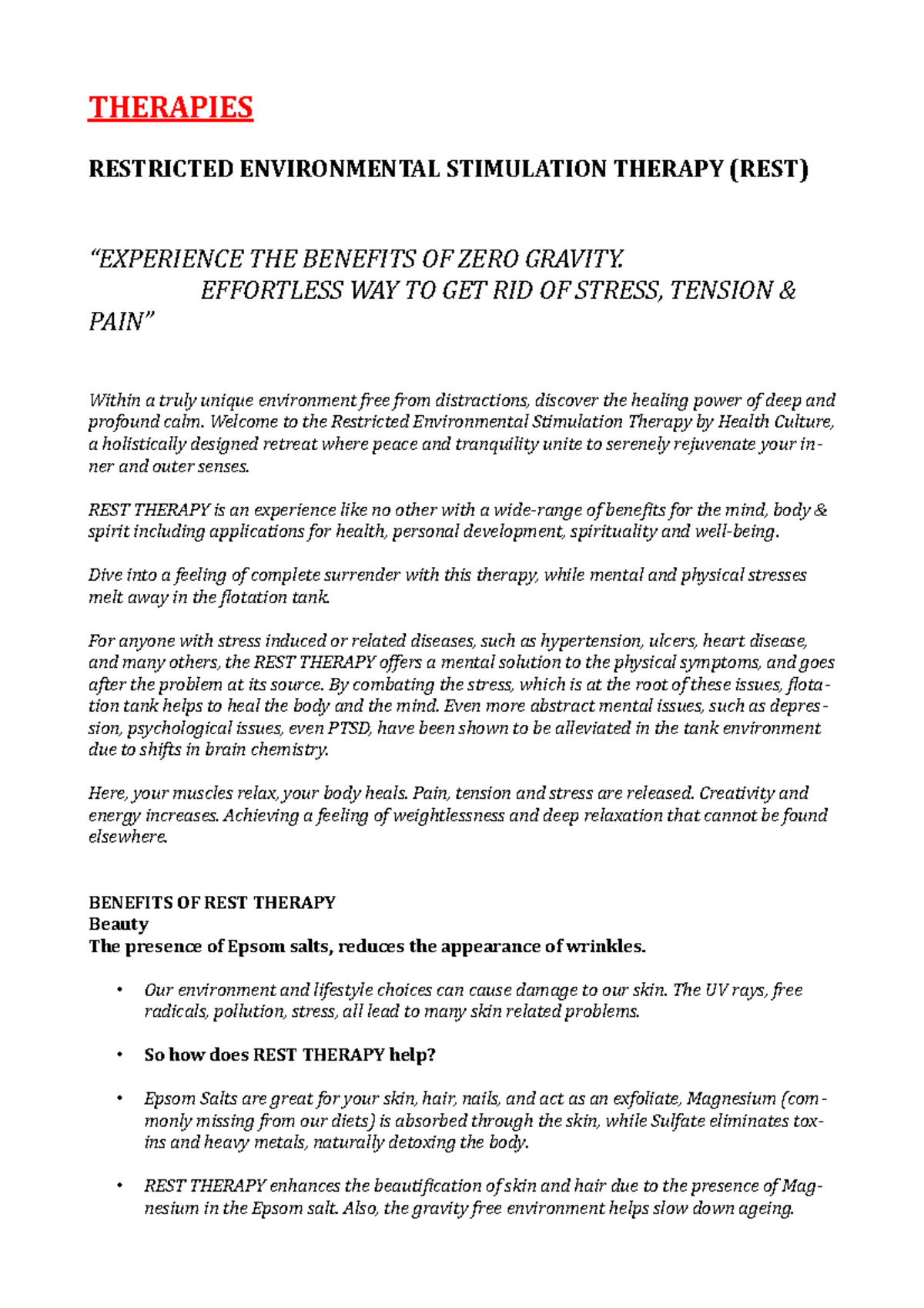 Rest Therapy Writeup Rev July 24 - THERAPIES RESTRICTED ENVIRONMENTAL ...