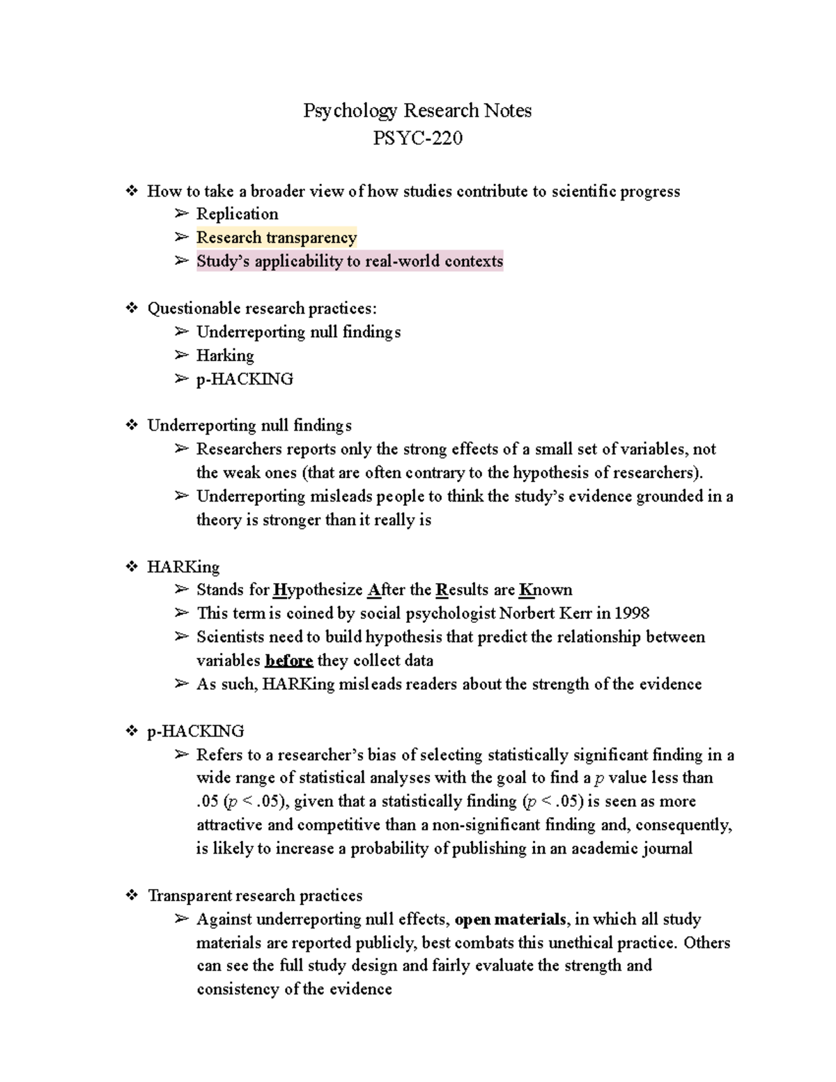 PSYC-220: Research Transparency Notes - Psychology Research Notes PSYC ...