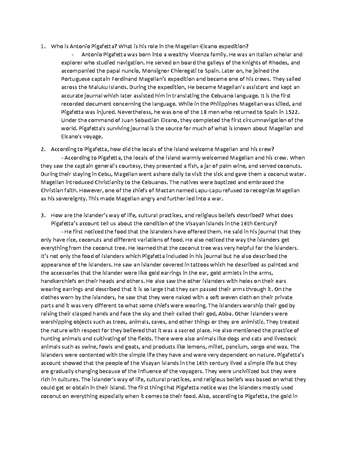 Antonio Pigafetta Guide Questions - Who is Antonio Pigafetta? What is ...
