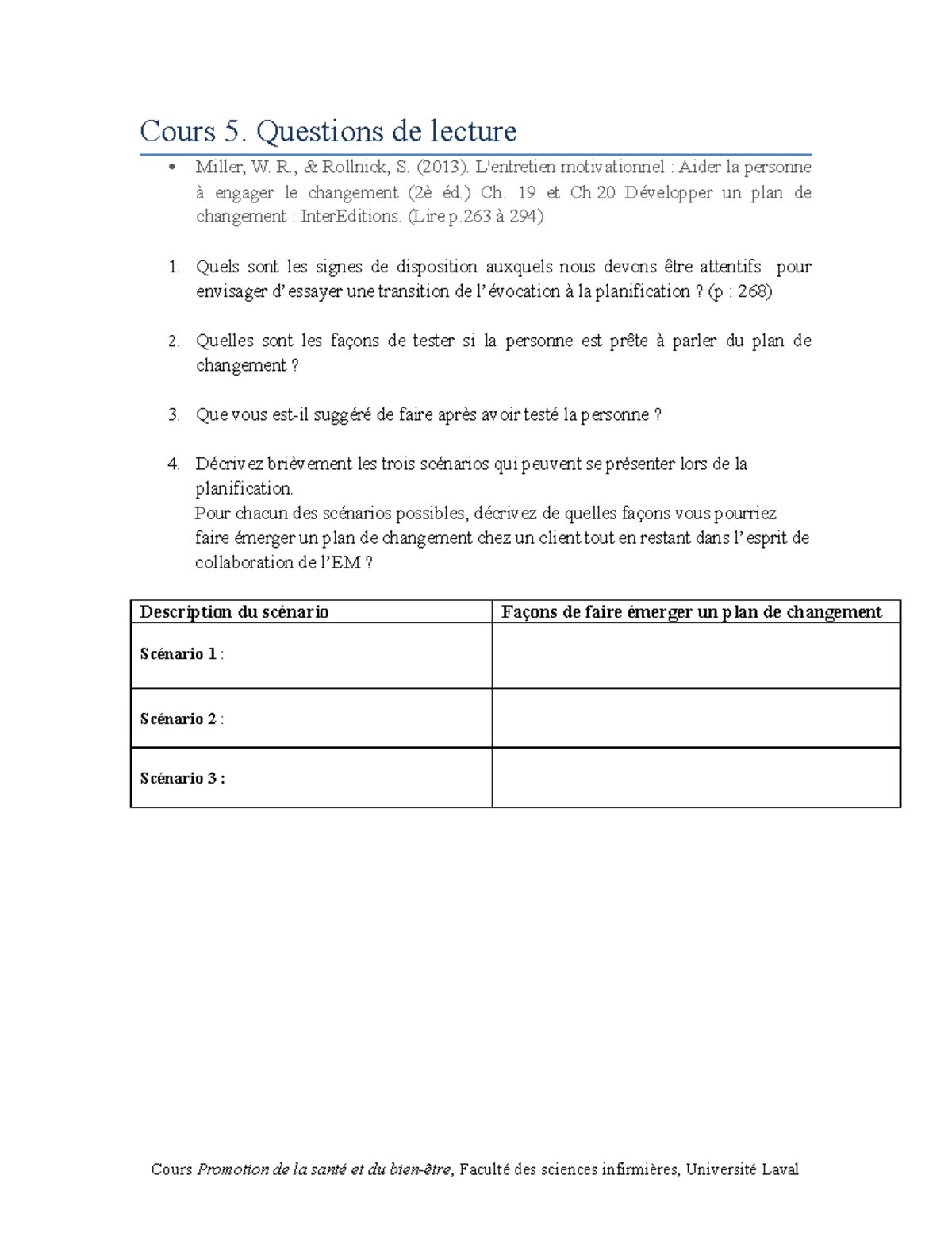 Cours planification Questions de lecture - Cours 5. Questions de lecture - Miller, W. R ...