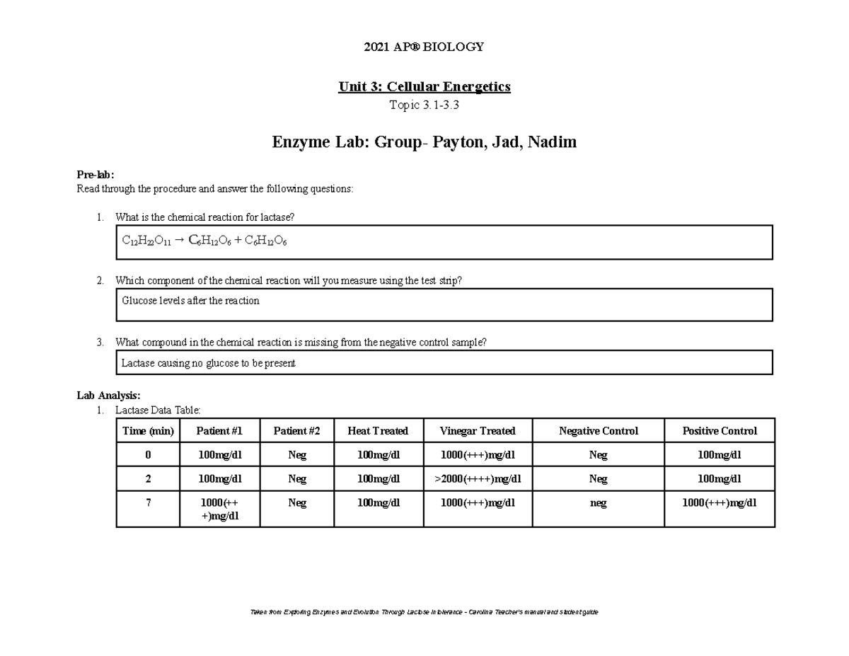 Topic 3.1-3.3 Enzyme Lab Student Worksheet - Unit 3: Cellular ...