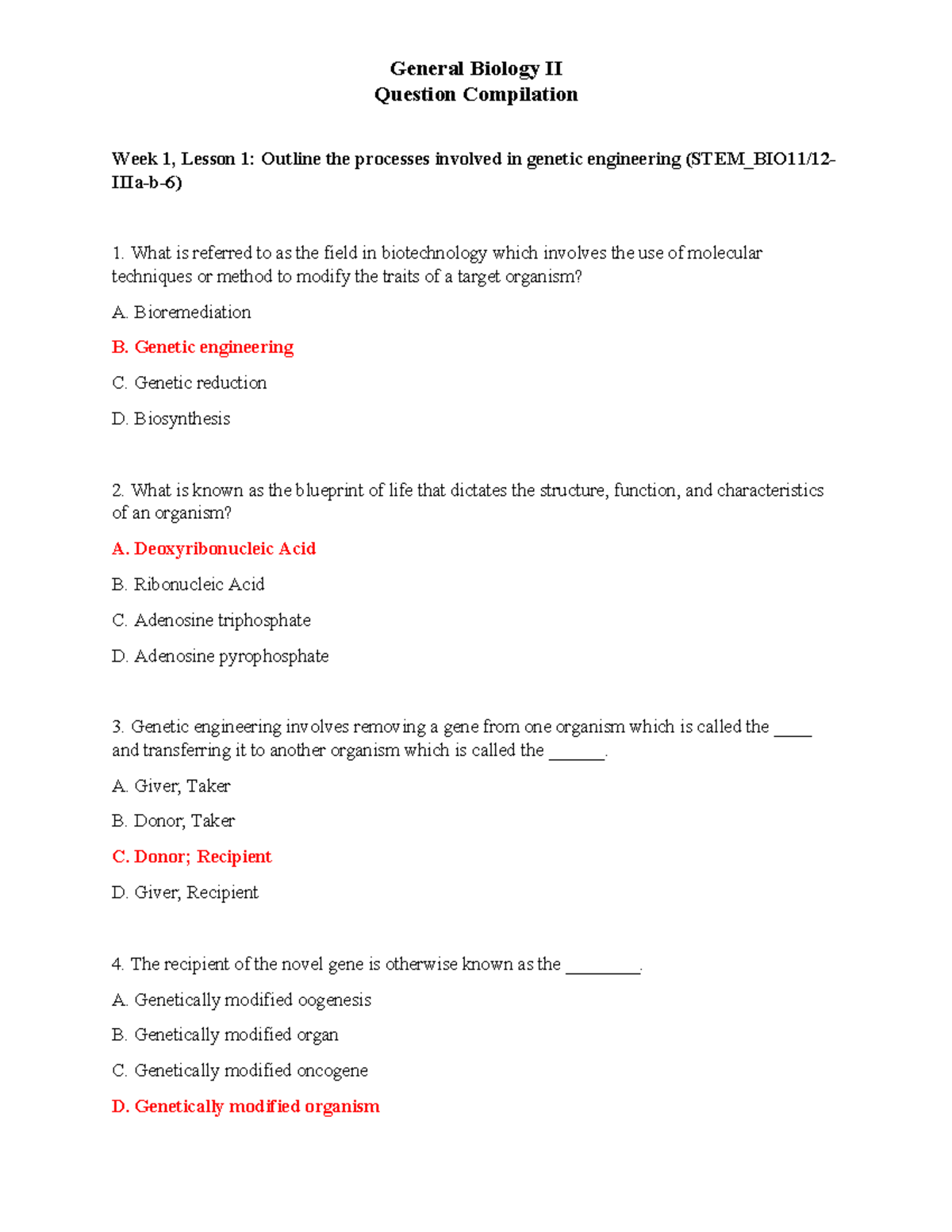 General Biology II Compilation - Question Compilation Week 1, Lesson 1 ...