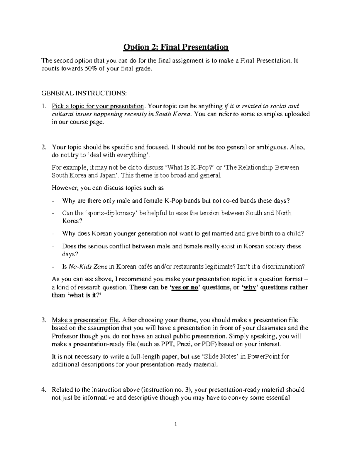 Option 2 Final Presentation File Insturcion Rubrics - 1 Option 2: Final ...