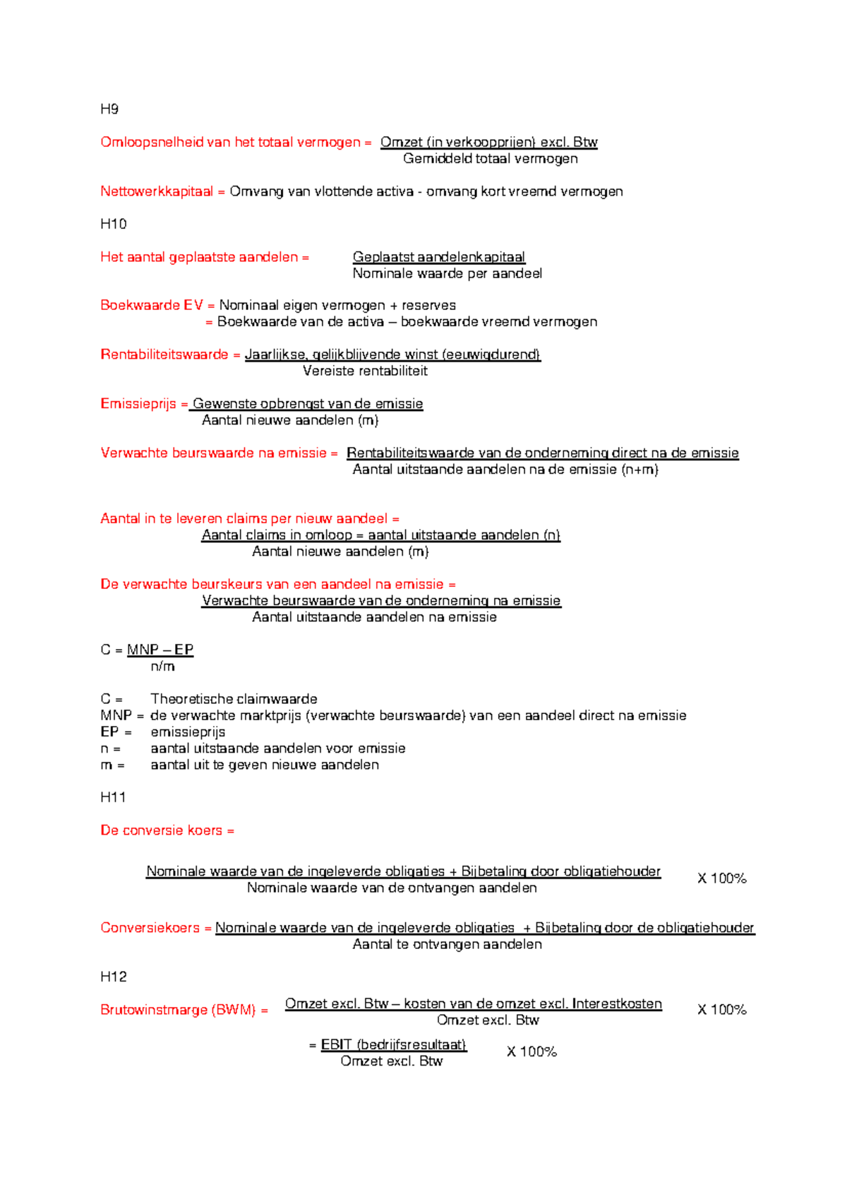 Bestand met formules voor financiering in de propedeuse. - H ...
