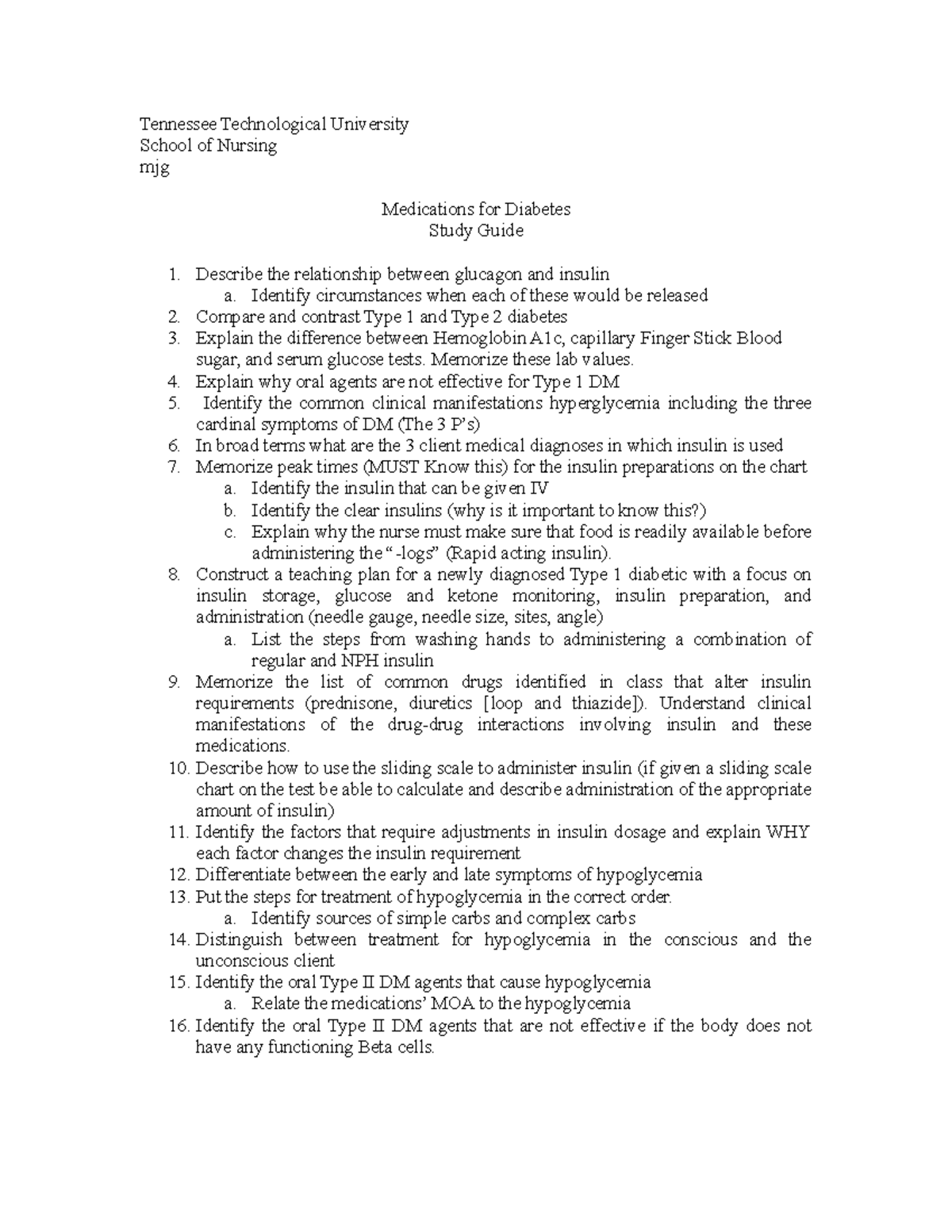 9-Diabetes Study Guide - Tennessee Technological University School of ...