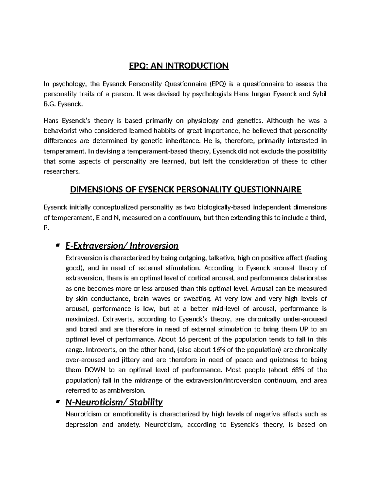 Eysenck Personality Questionnaire-1 - It was devised by psychologists ...