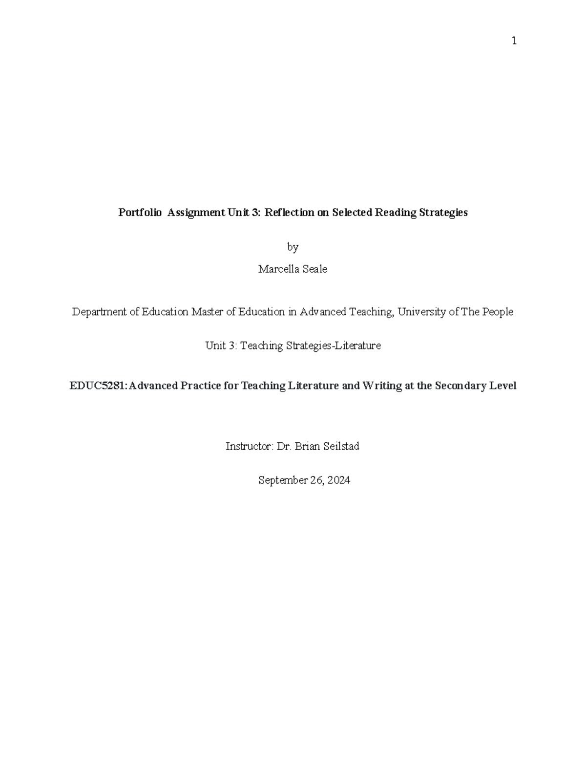 Portfolio Assignment 3 for Unit 3 for EDUC 5281 - Portfolio Assignment ...