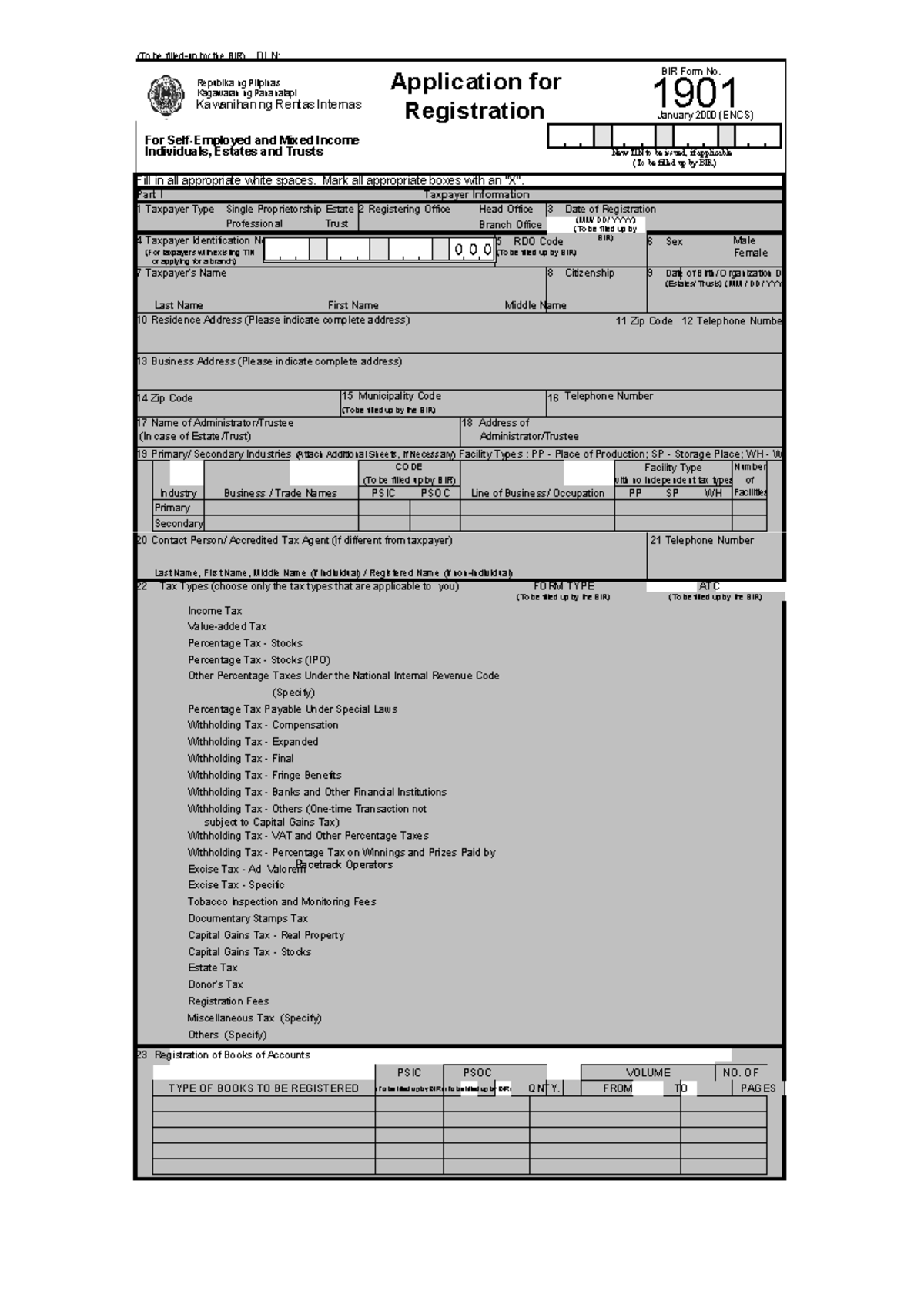 Idoc - 1901 Document - (To be filled-up by the BIR) DLN: Fill in all ...