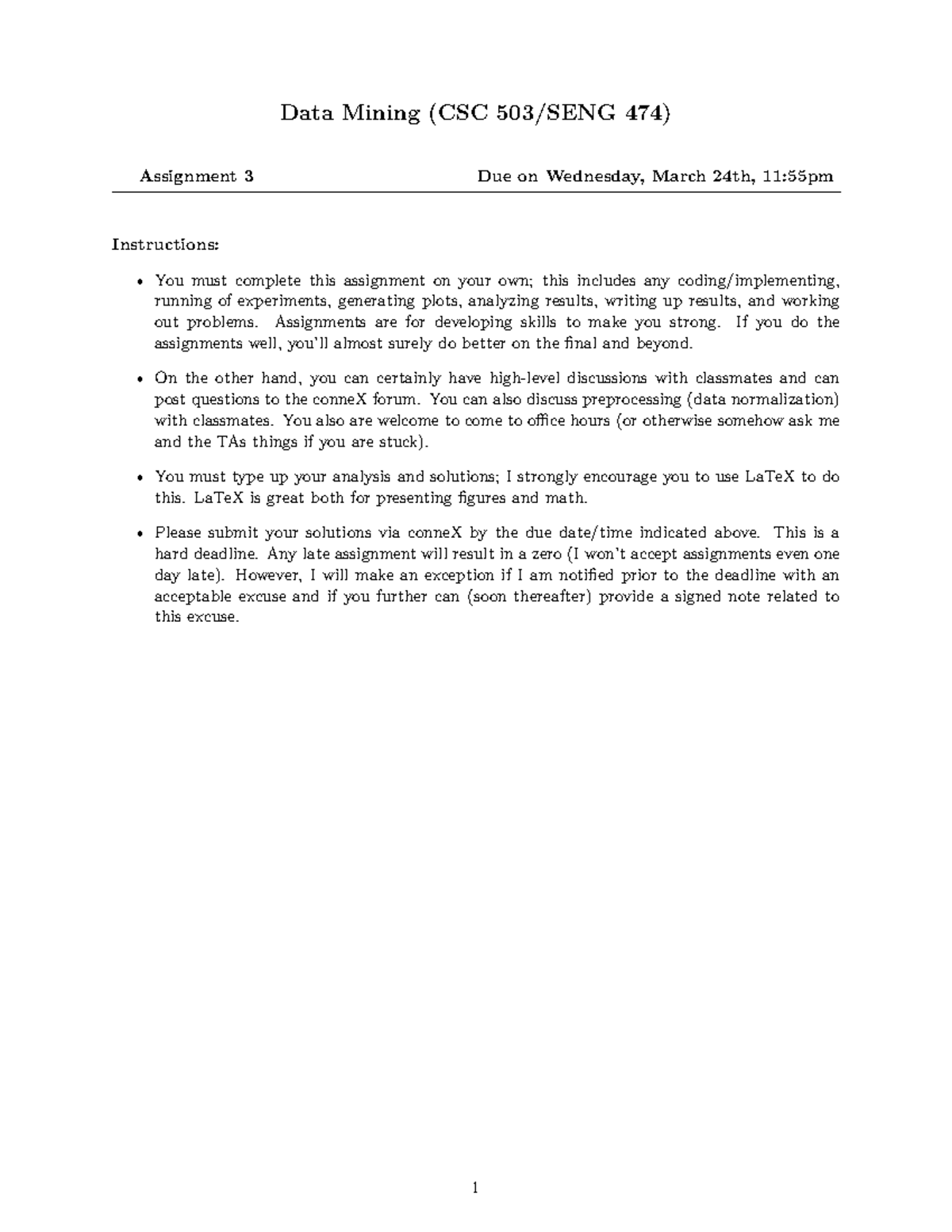 Assignment 3 - SENG 474 - Data mining V - Data Mining (CSC 503/SENG 474) Assignment 3 Due on ...