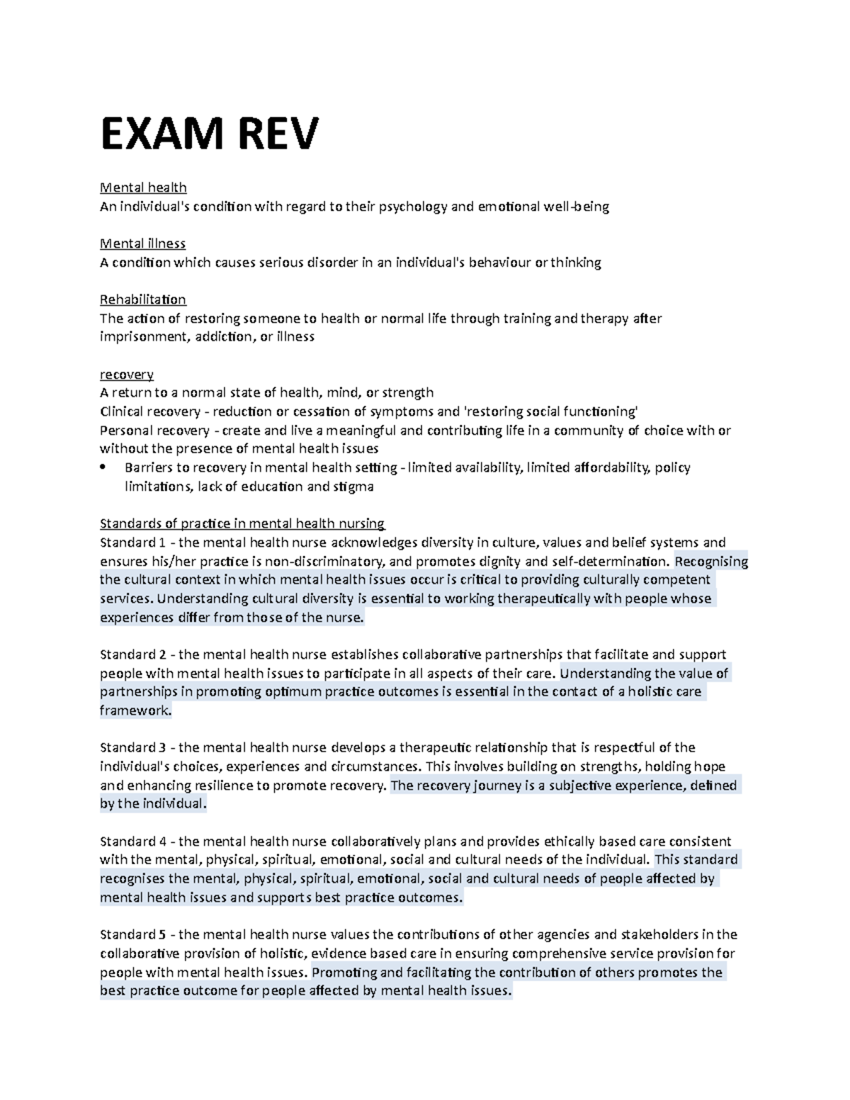EXAM REV - exam revision - EXAM REV Mental health An condition with ...