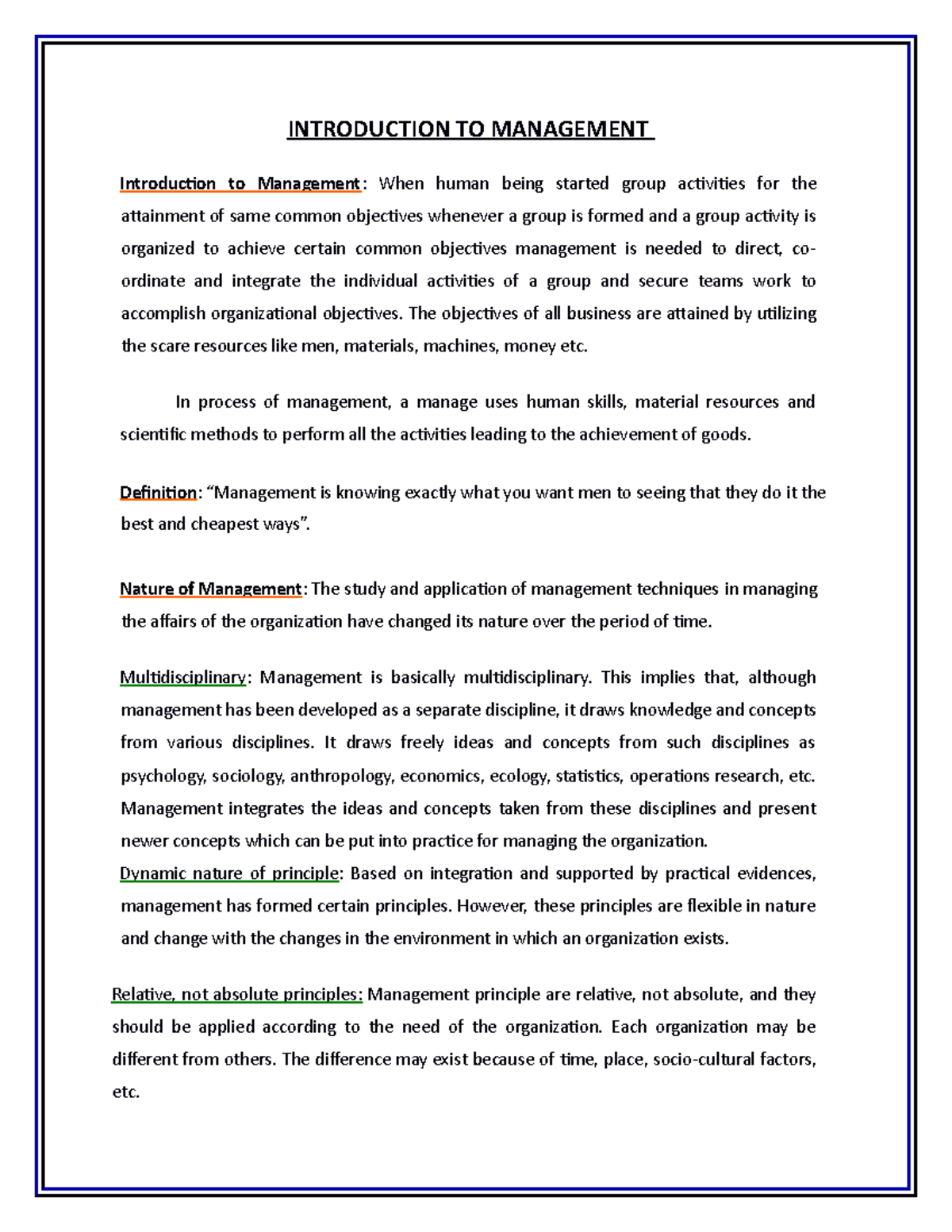 Introduction TO Management - INTRODUCTION TO MANAGEMENT Introduction to ...