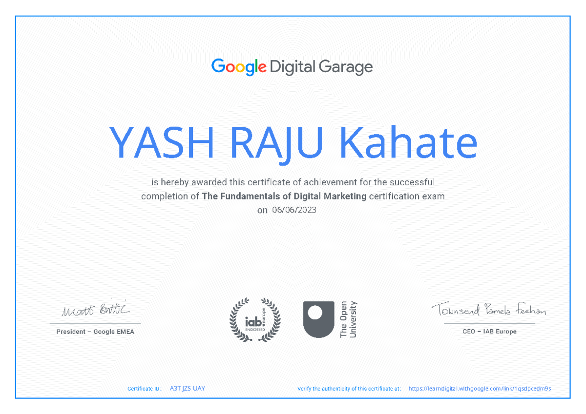 Digitalgarage certificate-1 - Google Digital Garage YASH RAJU Kahate is ...
