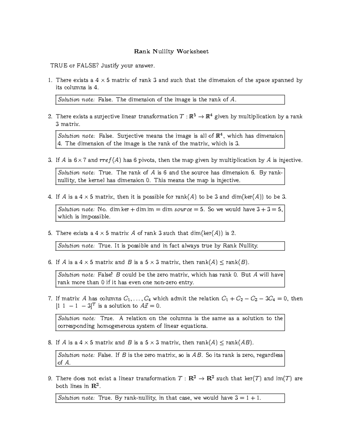Rank Nullity Worksheet - SSTA022 - UL - Studocu