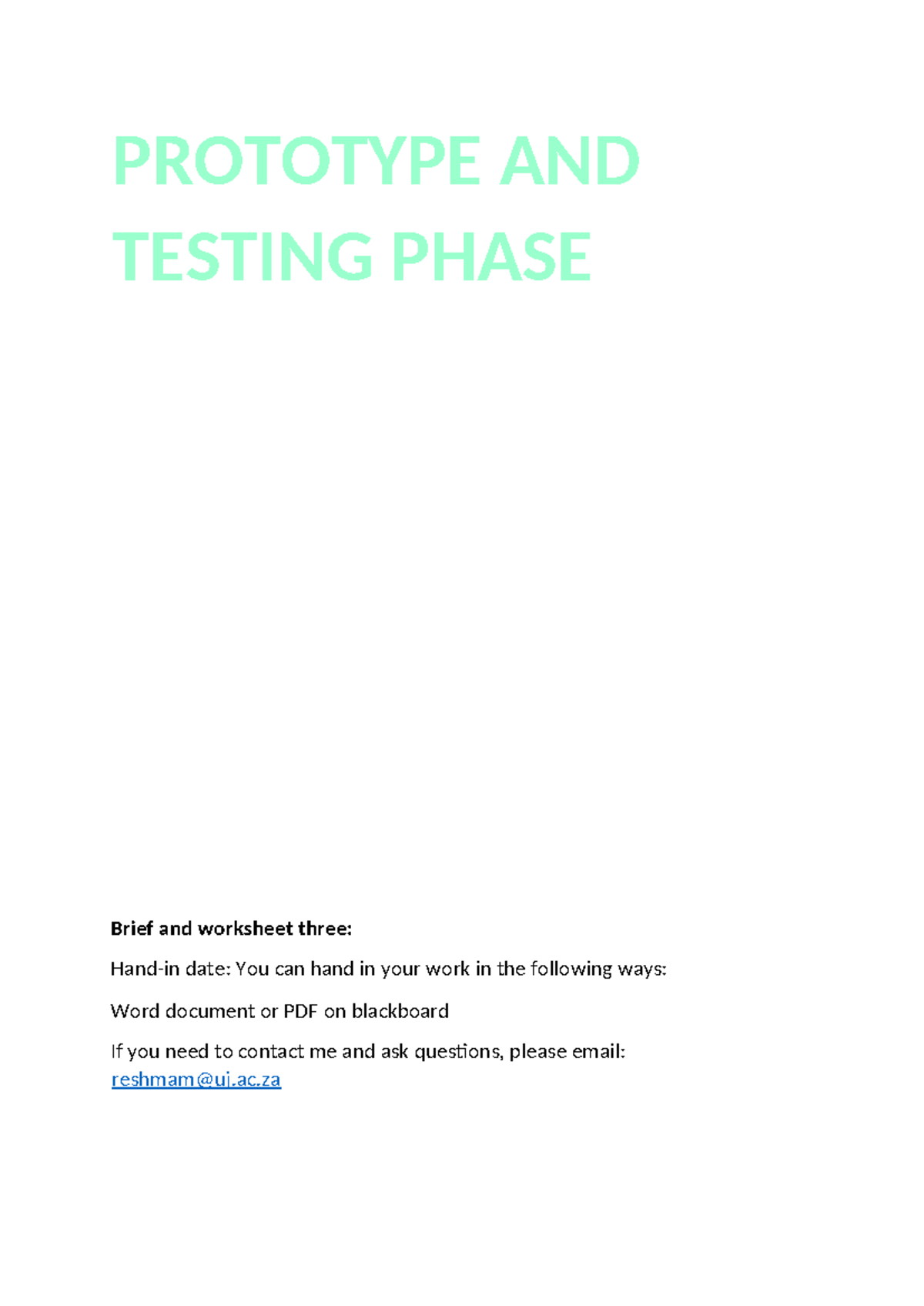 Prototype AND Testing Phase Worsksheet DT2 Module 3 2023 - PROTOTYPE ...
