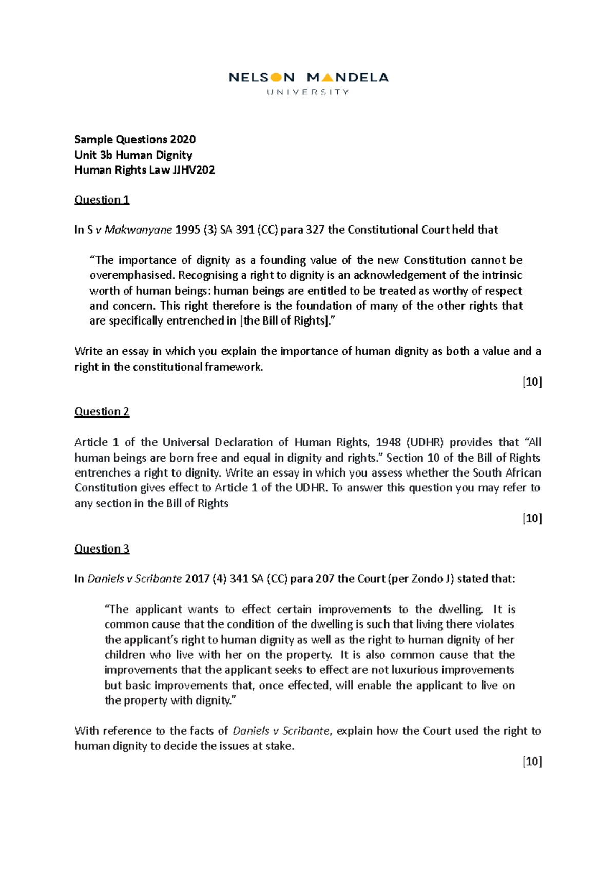 Sample Questions Unit 3b HR Law Dignity - Sample Questions 2020 Unit 3b ...