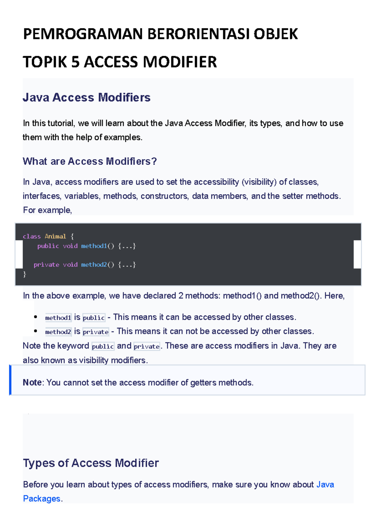Topik 5 Access Modifier - PEMROGRAMAN BERORIENTASI OBJEK TOPIK 5 ACCESS MODIFIER Java Access ...
