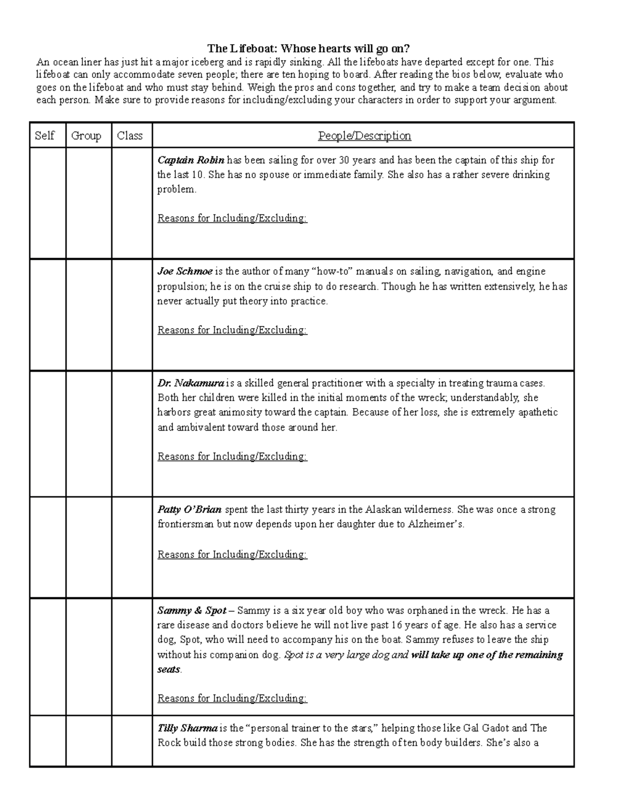 The Lifeboat Argumentation Activity - The Lifeboat: Whose hearts will ...