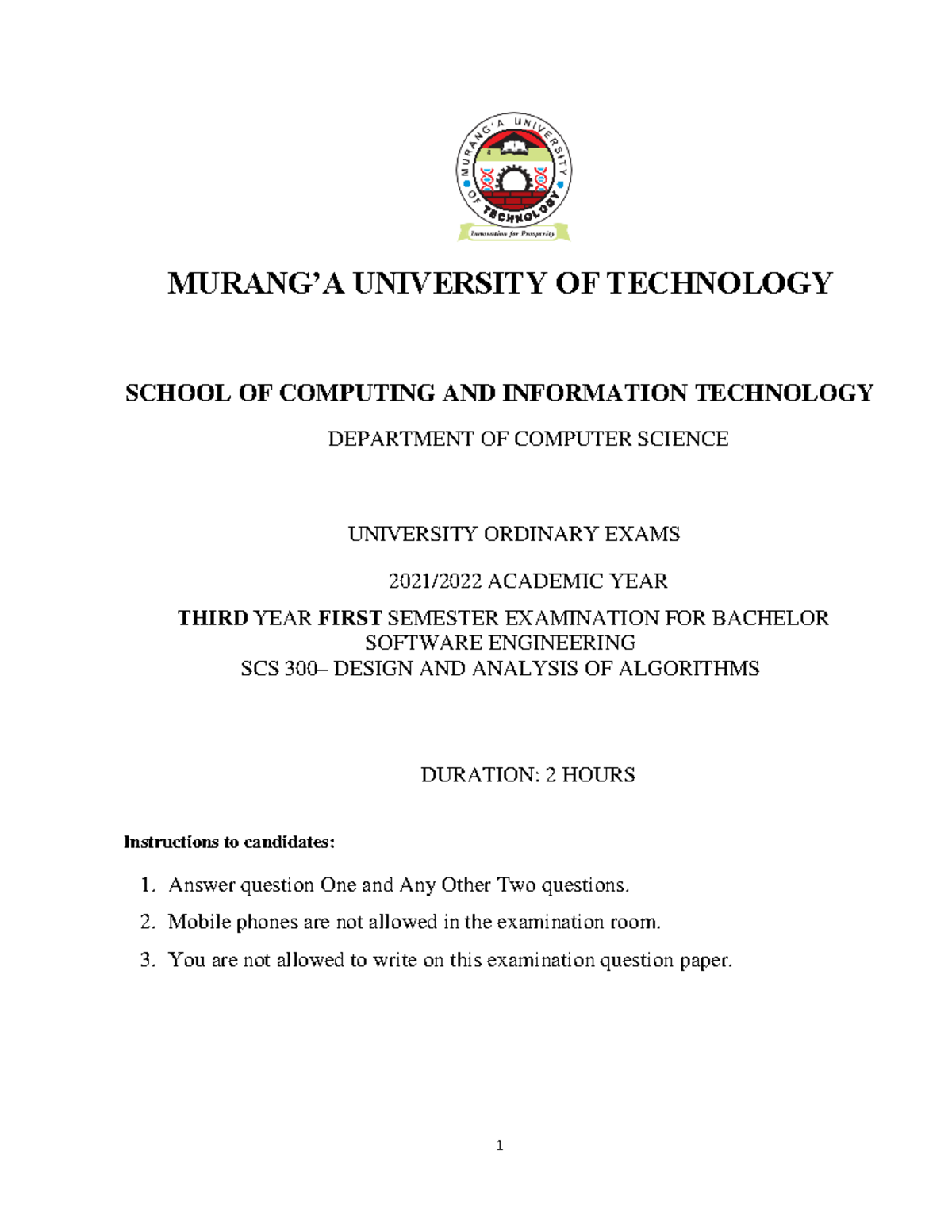 SCS 300 Design AND Analysis OF Algorithms - 1 MURANG’A UNIVERSITY OF ...