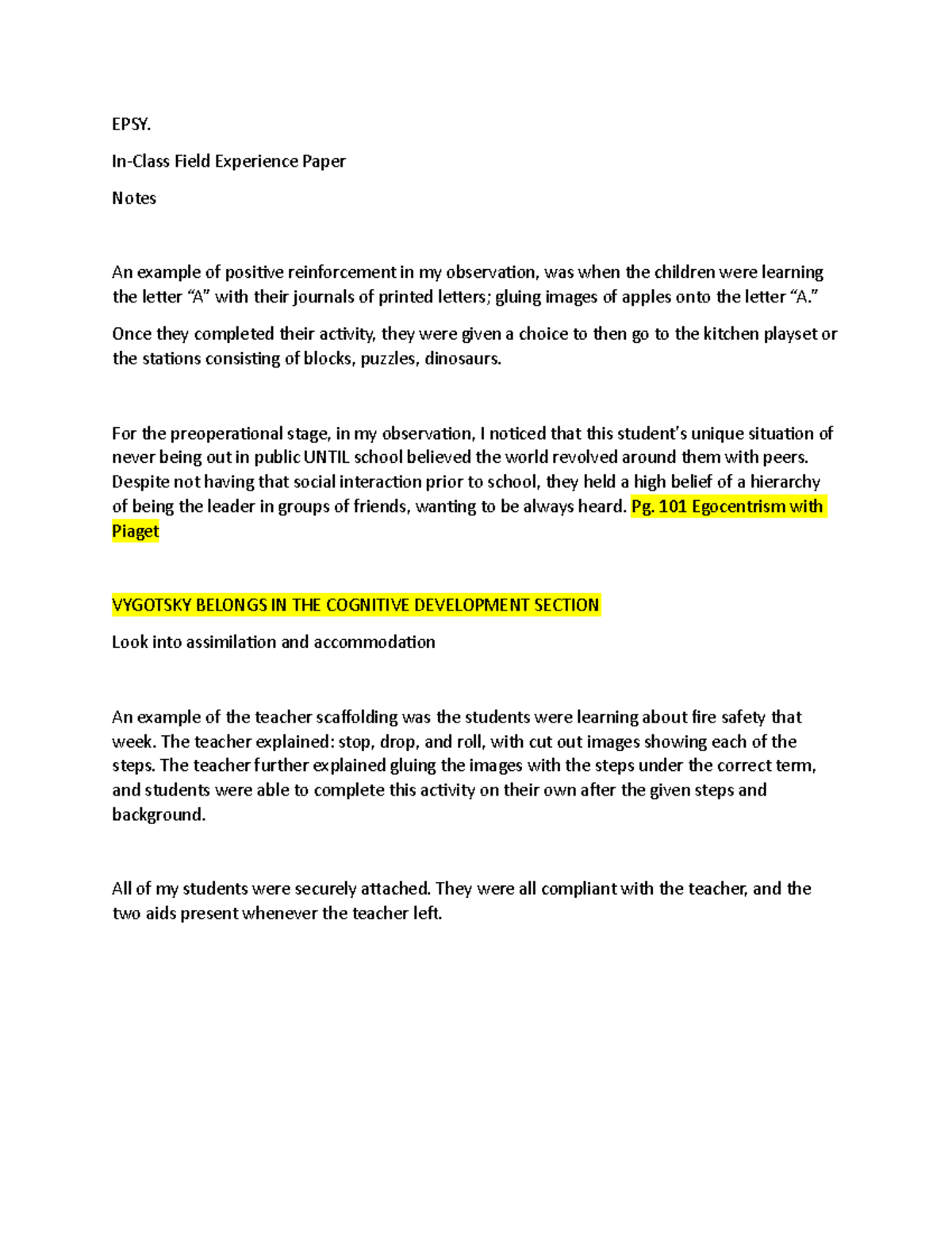 EPSY. Field Experience Notes - EPSY. In-Class Field Experience Paper ...