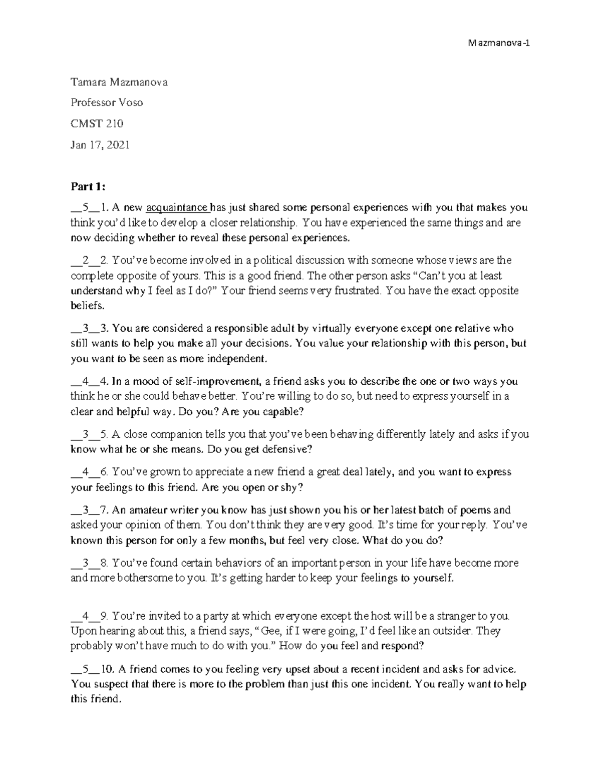 Reflection Interpersonal Inventory - Tamara Mazmanova Professor Voso ...