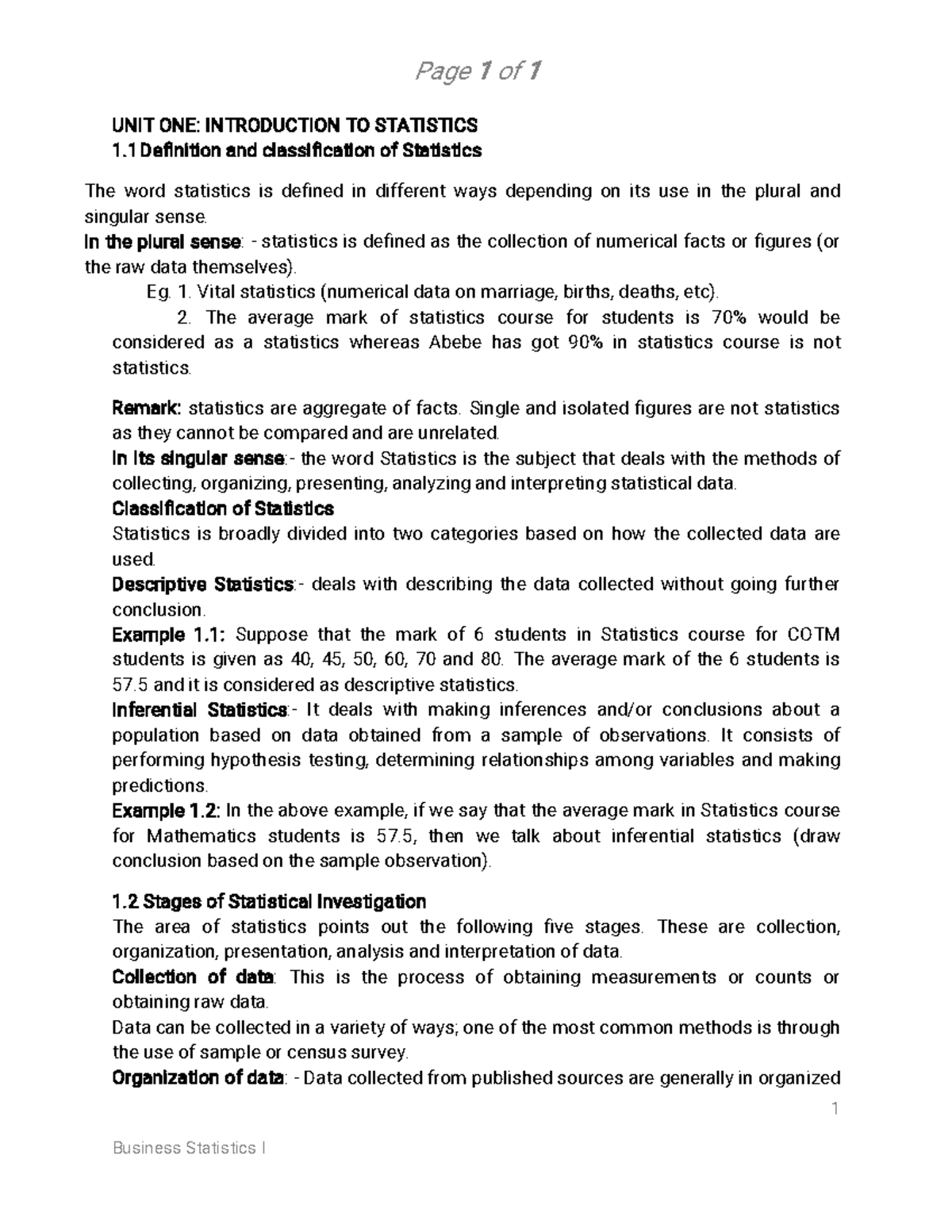 Business Statistics I Handout - 1 UNITONE:INTRODUCTIONTOSTATISTICS 1 ...
