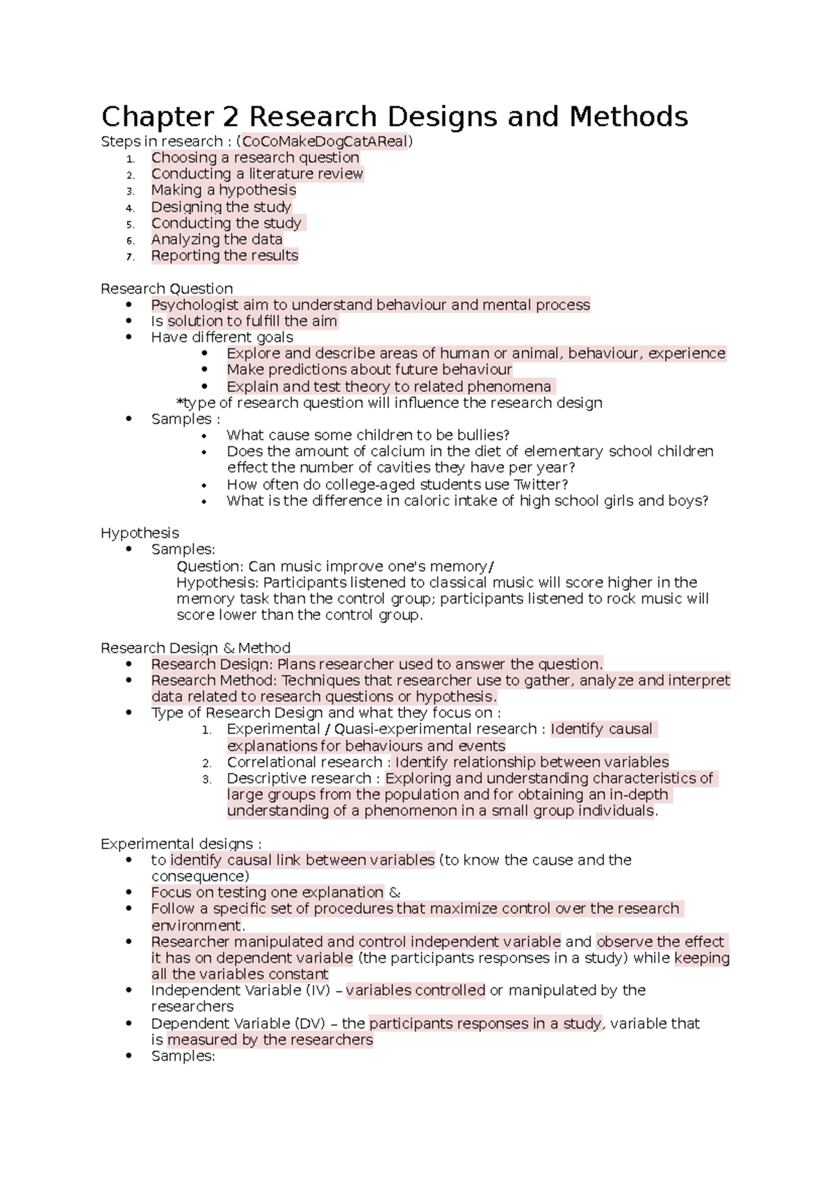 Psychology Chapter 2 - NOTES - Chapter 2 Research Designs and Methods ...