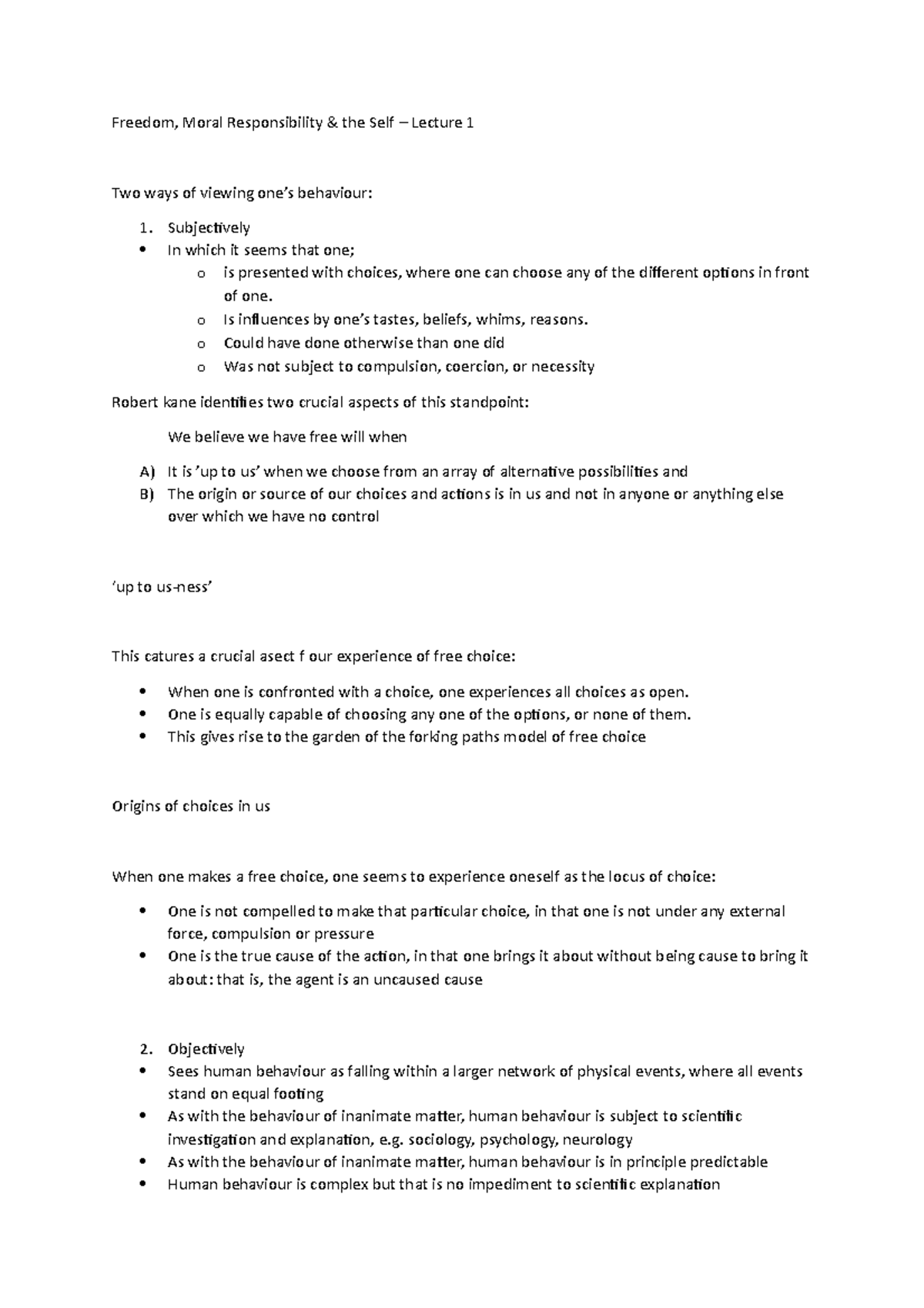 L1 2 Lecture Notes 1 2 Freedom Moral Responsibility And The Self Lecture 1 Two Ways