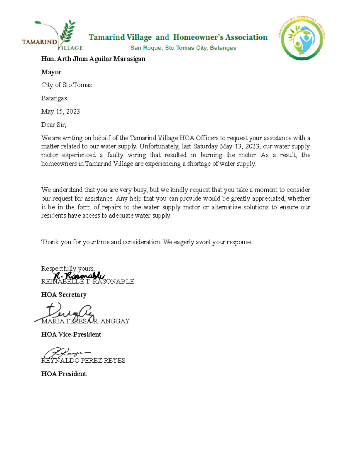 Letter-FOR Assistance-Municipal of Sto. Tomas - Hon. Arth Jhun Aguilar ...