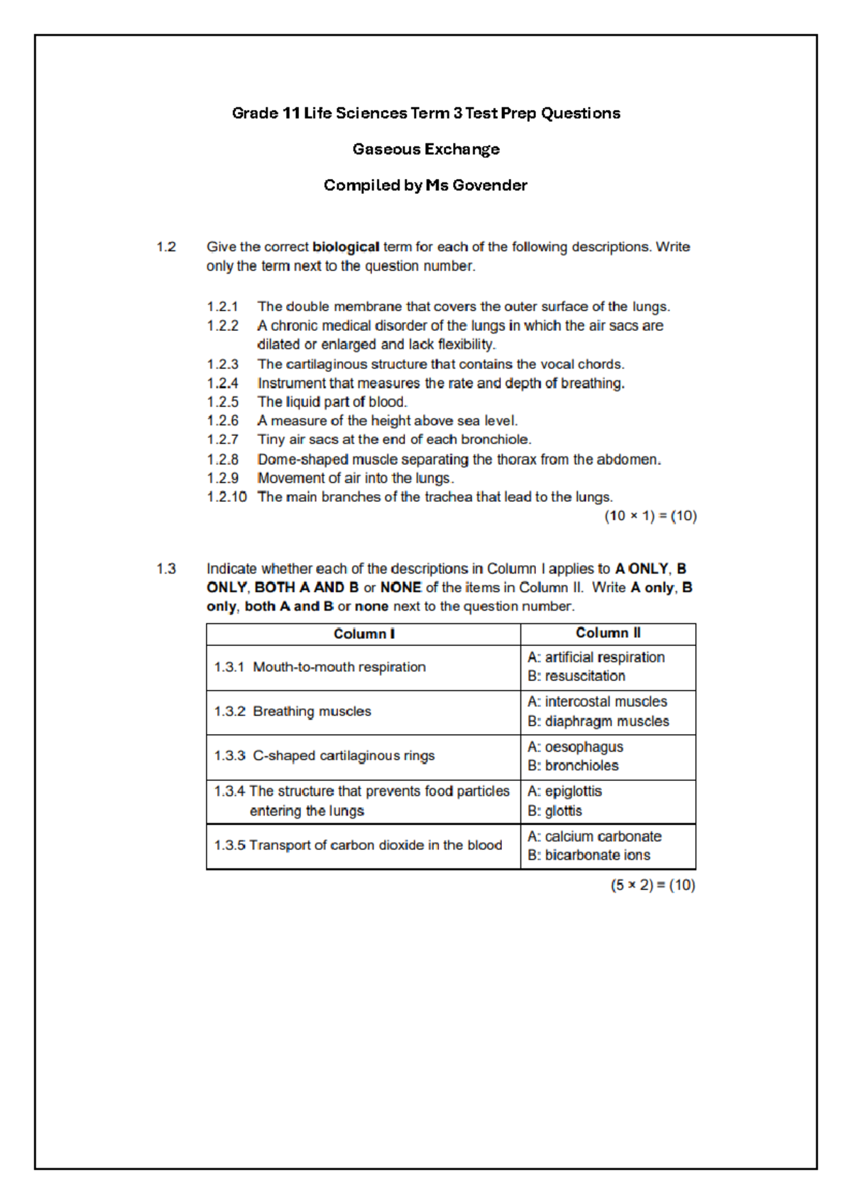 Grade 11 Life Sciences Term 3 Gaseous Exchange Test Prep Question ...