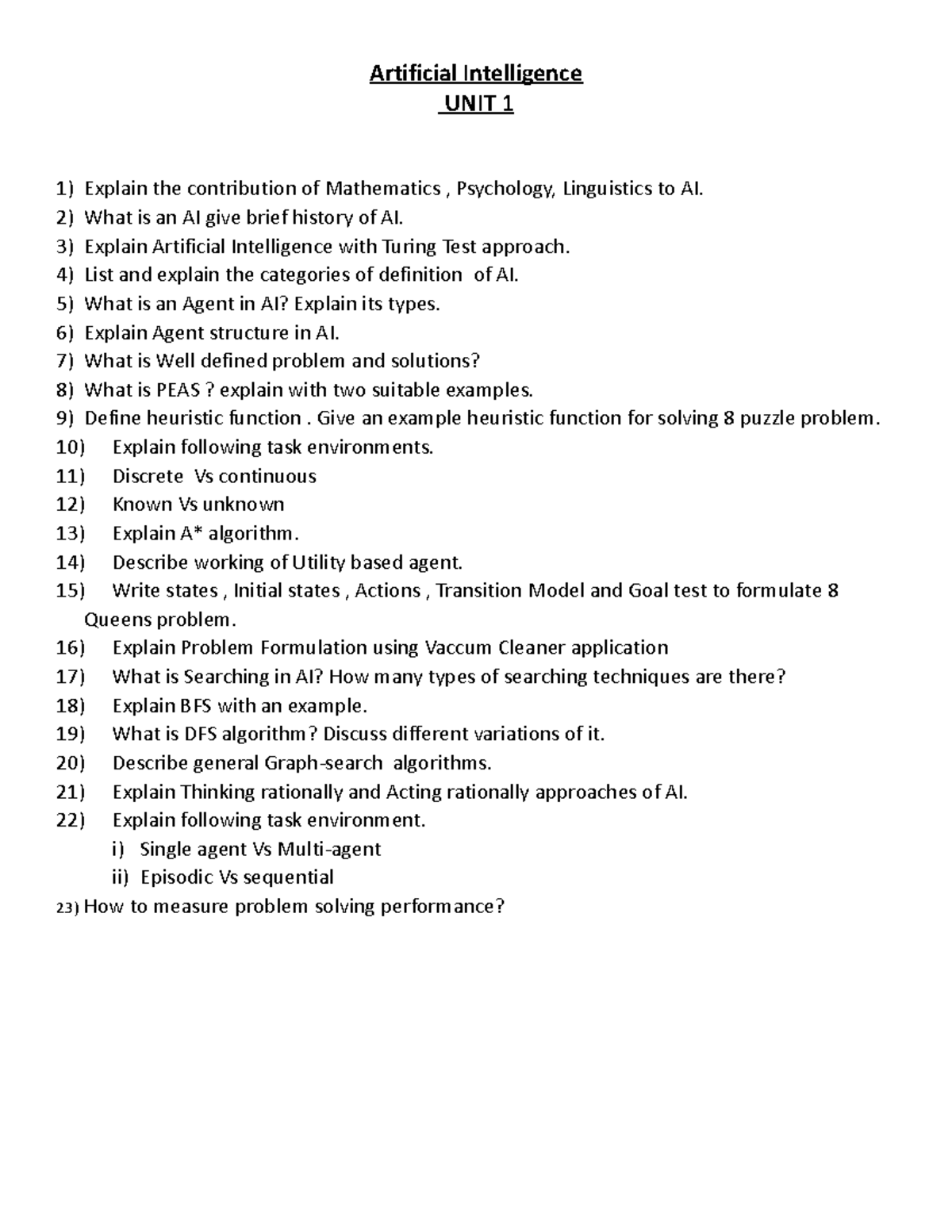 AI unit 1 QB - i want learn new thinks - Artificial Intelligence UNIT 1 ...